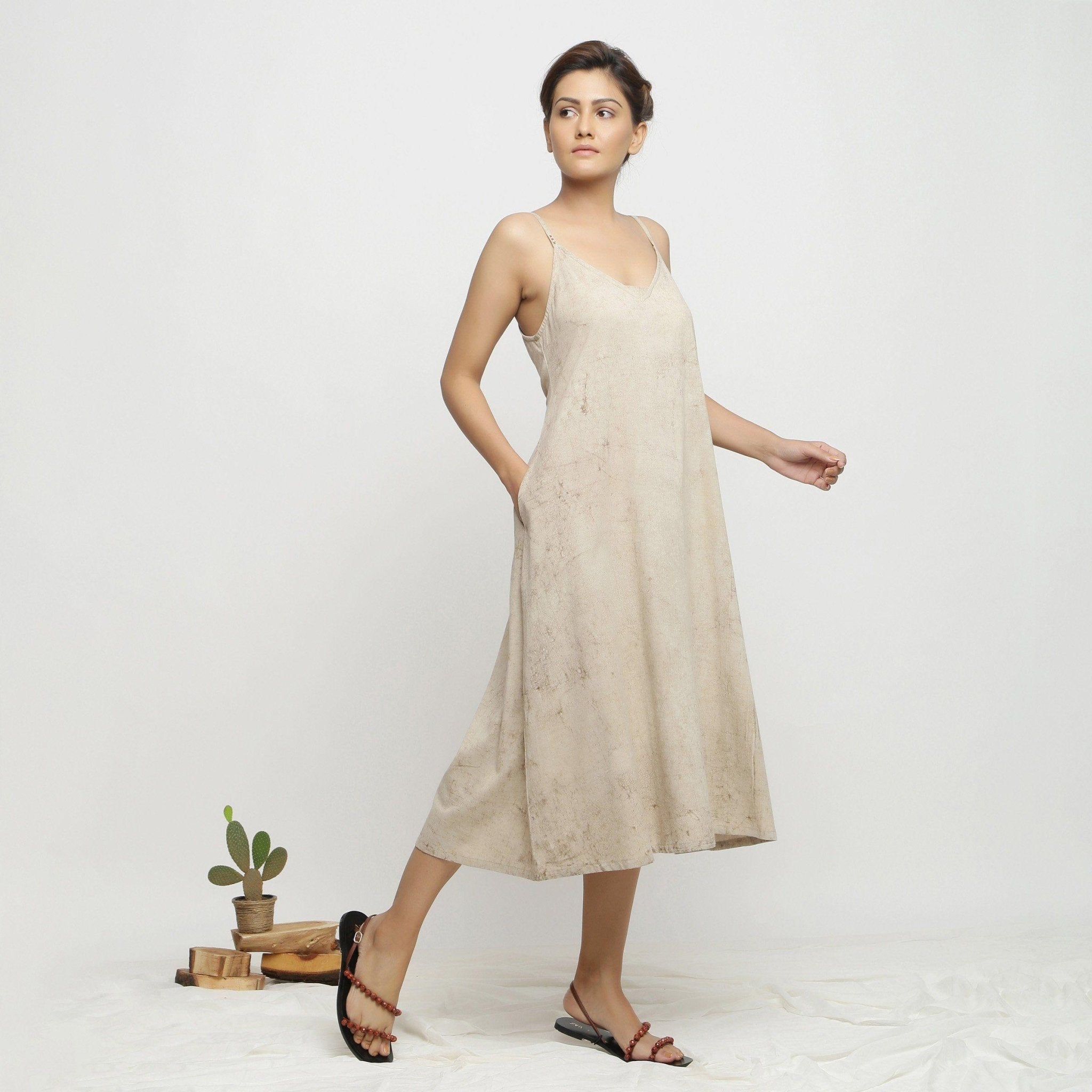 Buy Beige Dabu Hand-Lep Cotton A-Line Midi Dress Online at SeamsFriendly