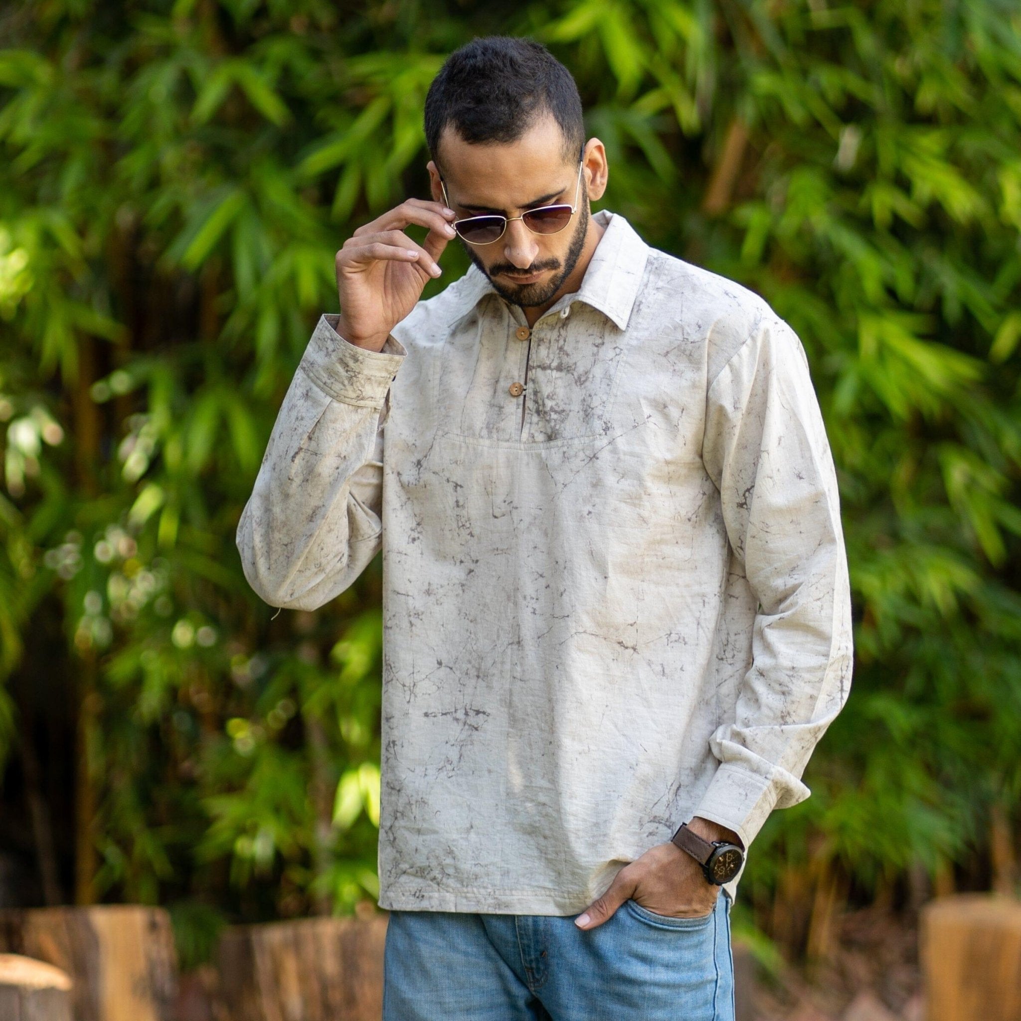 Buy Beige Dabu Hand-Lep Cotton Full Sleeve Polo T-Shirt Online at ...