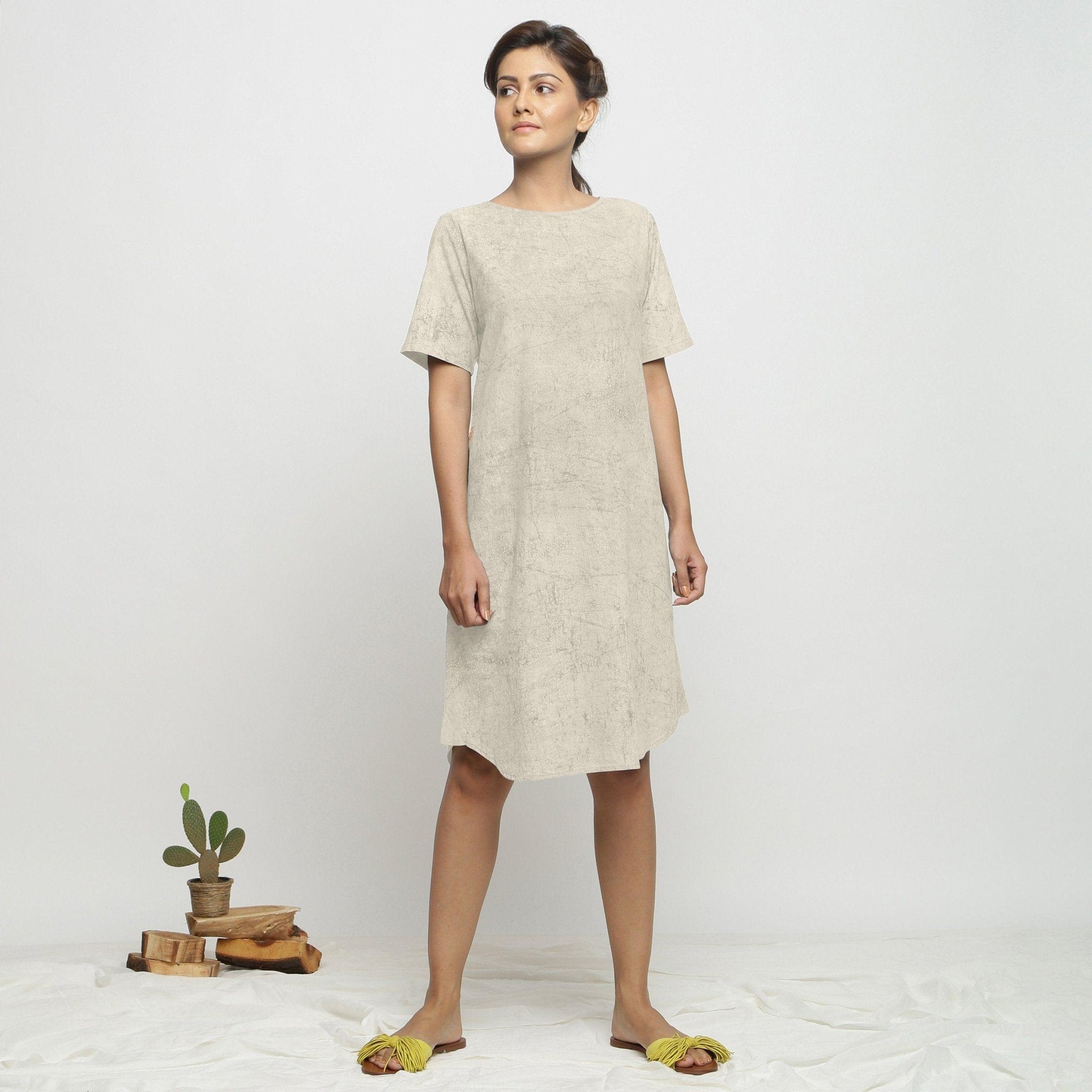 Buy Beige Dabu Hand Lep Print Cotton Knee Length Dress Online at ...