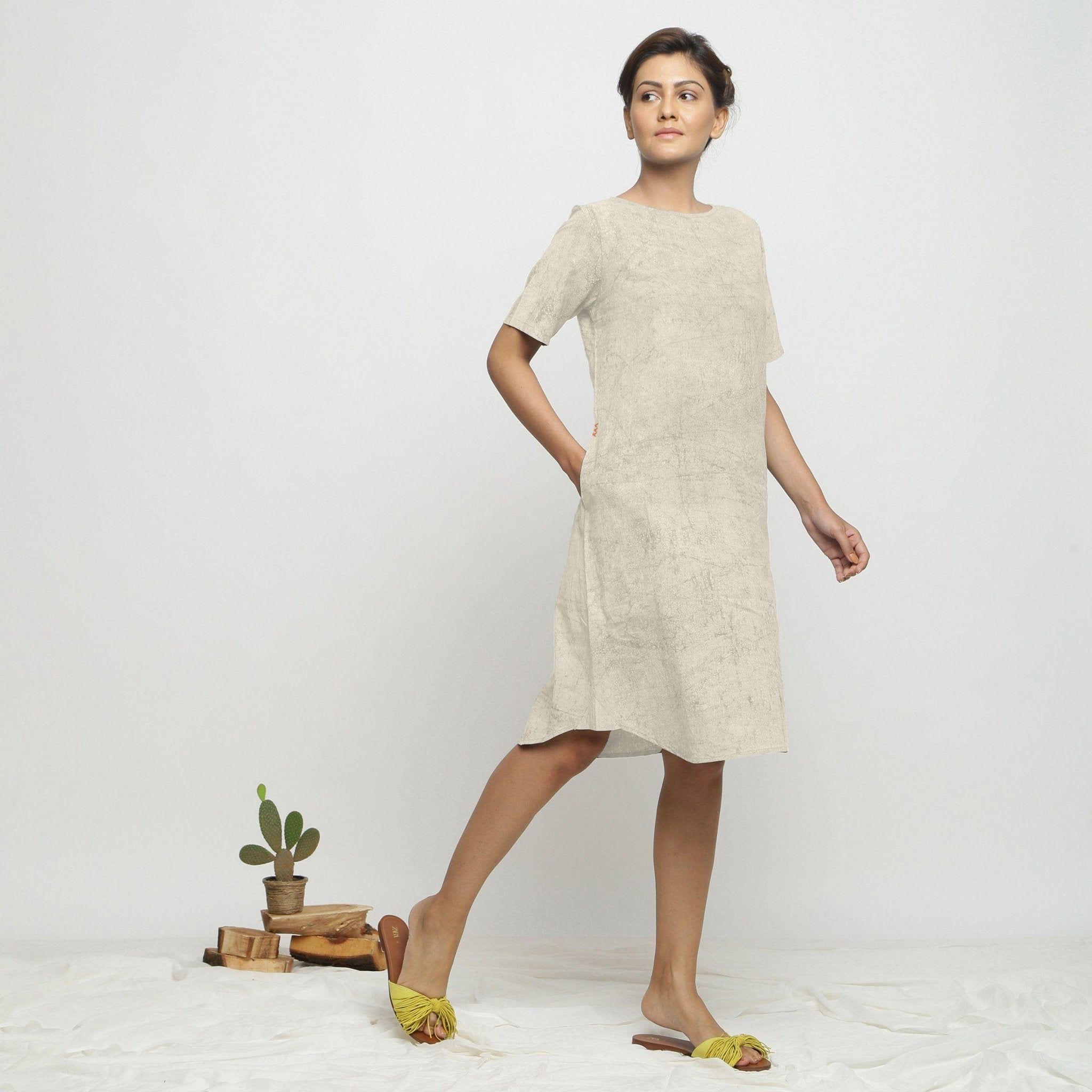 Buy Beige Dabu Hand Lep Print Cotton Knee Length Dress Online at ...