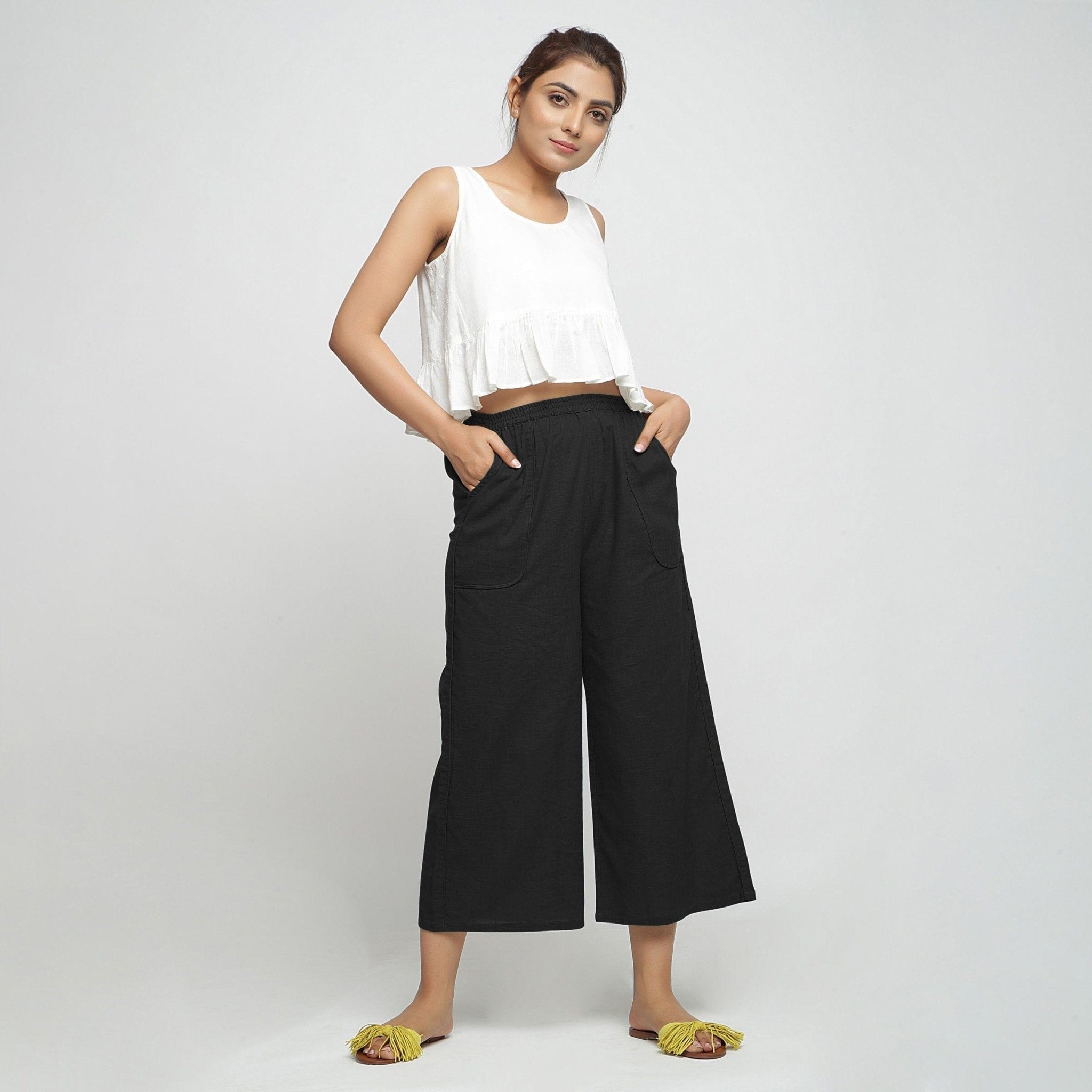 Buy Black 100% Cotton Mid-Rise Elasticated Wide Legged Pant Online at ...