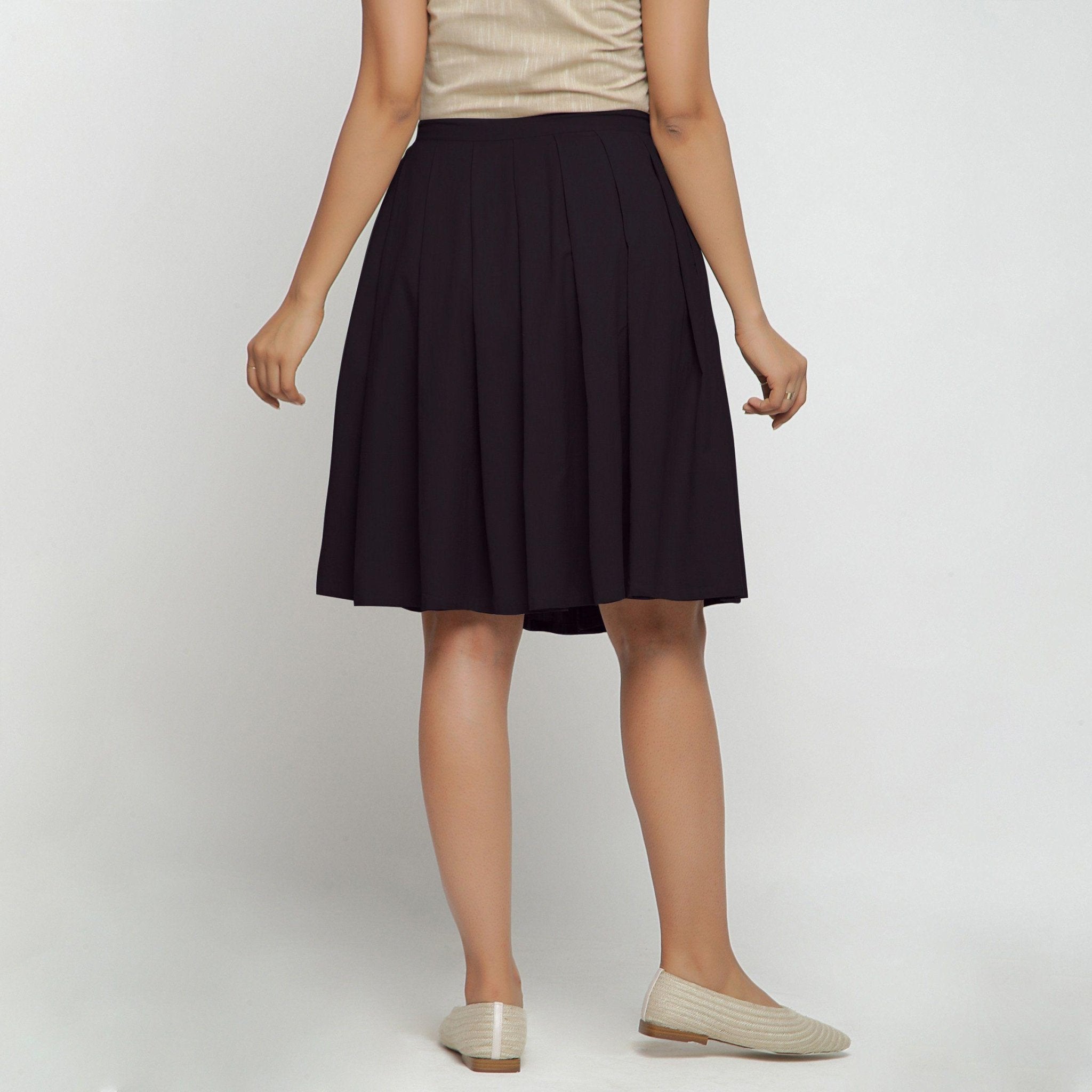 Buy Black Cotton Flax Pleated Knee Length Skirt Online at SeamsFriendly