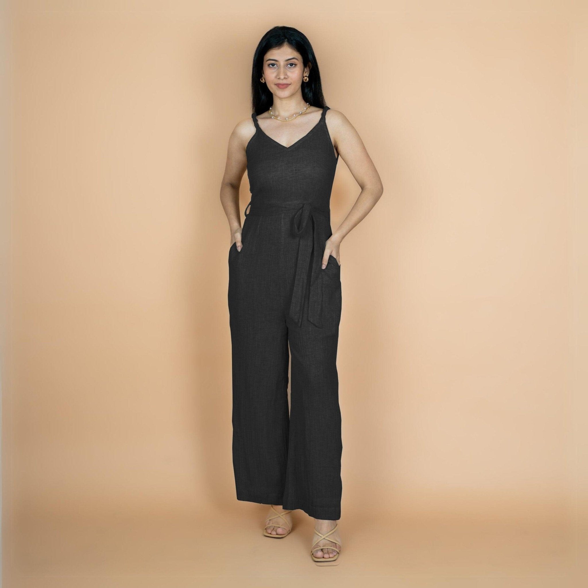 Buy Black Crinkled Cotton Flax V-Neck Strap Sleeve Jumpsuit Online at ...