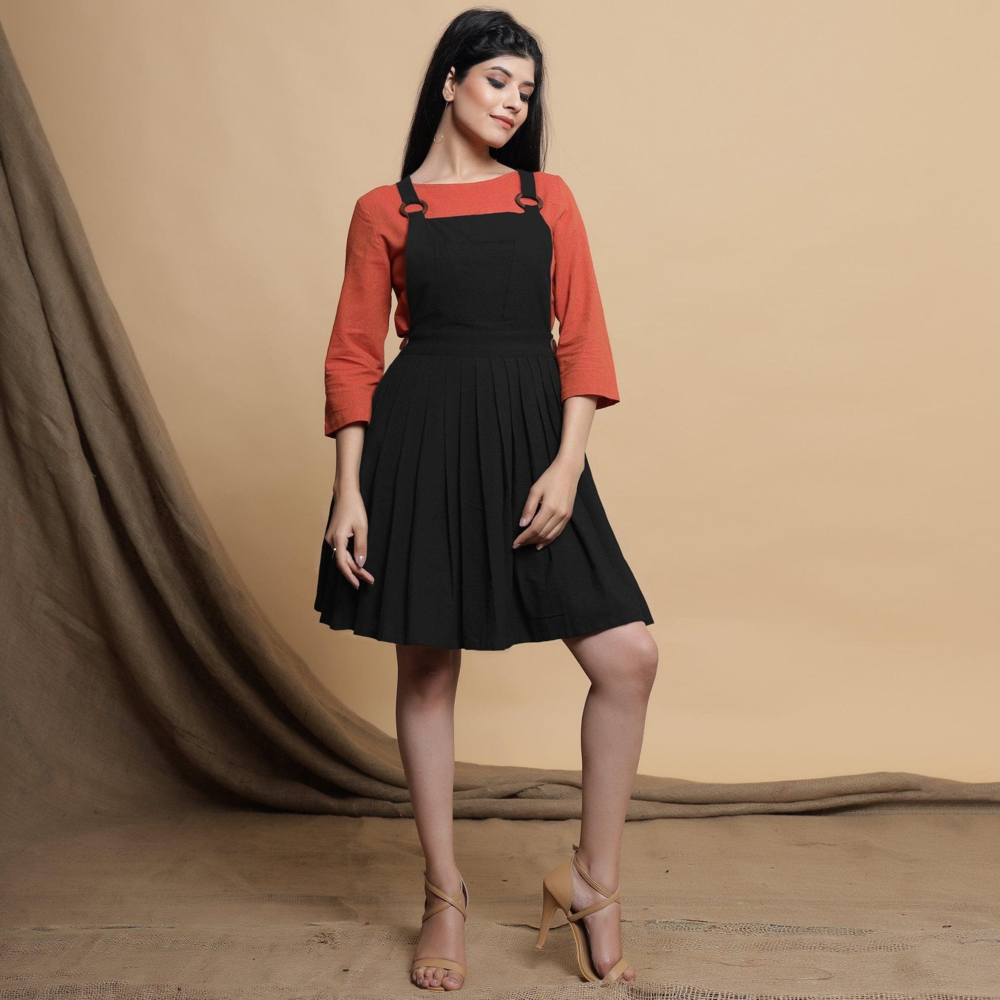 Buy Black Pleated Cotton Flax Criss-Cross Back Short Dress Online at ...