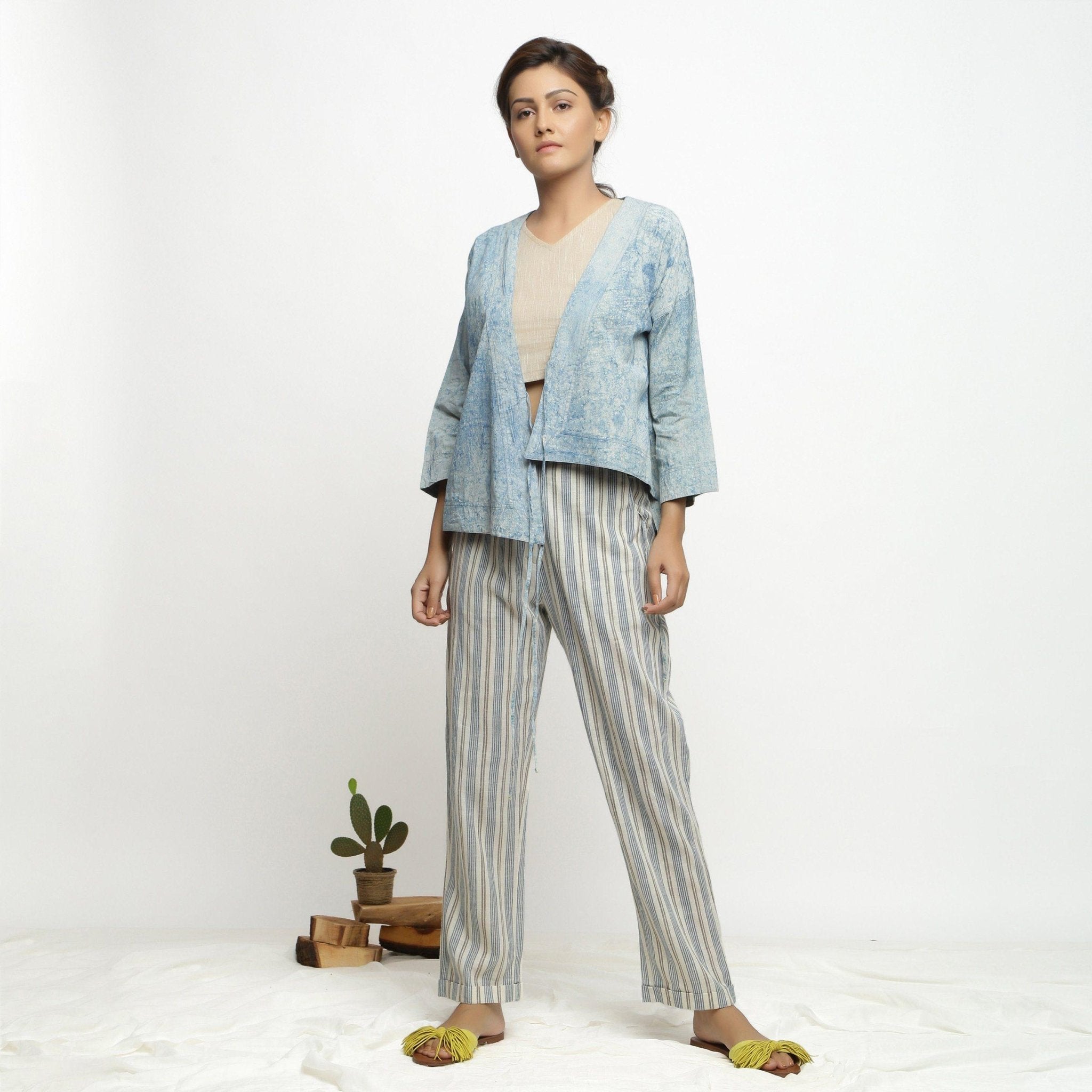 Buy Blue Dabu Hand-Lep Cotton Asymmetrical Jacket Online at SeamsFriendly