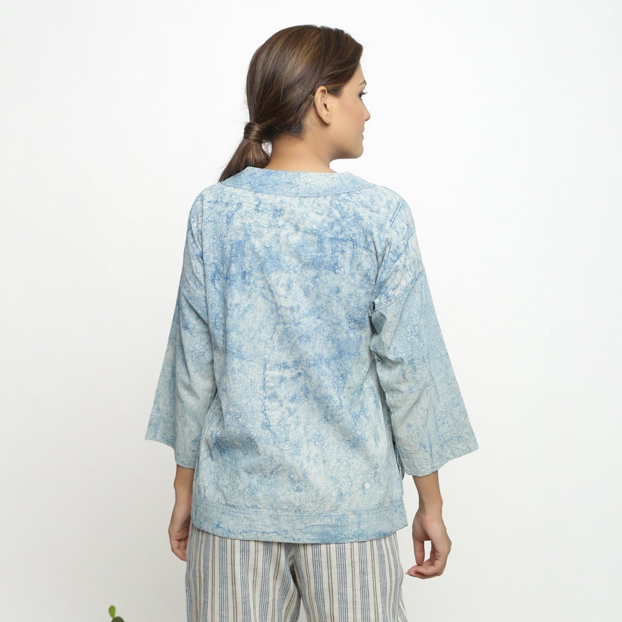 Buy Blue Dabu Hand-Lep Cotton Asymmetrical Jacket Online at SeamsFriendly