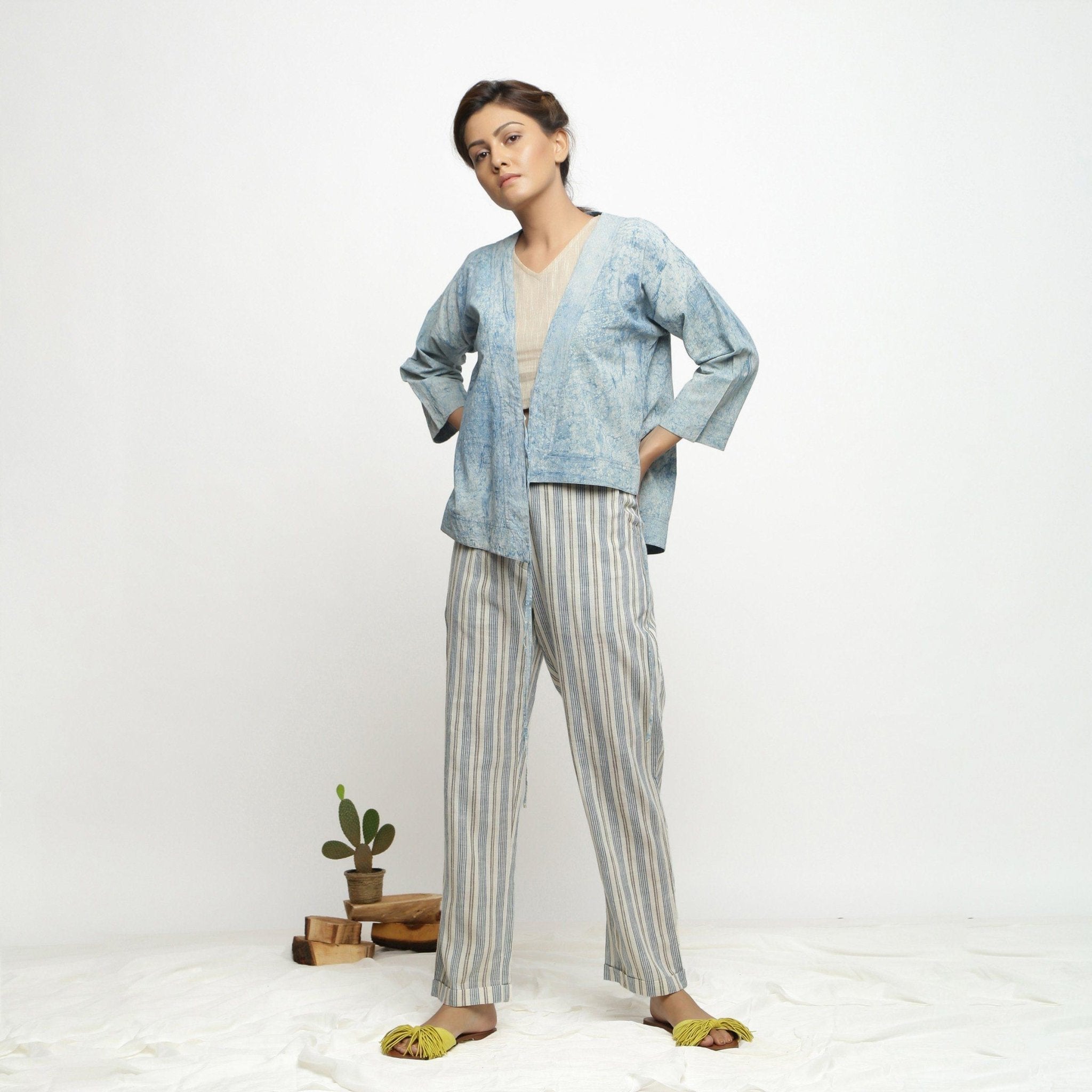 Buy Blue Dabu Hand-Lep Cotton Asymmetrical Jacket Online at SeamsFriendly