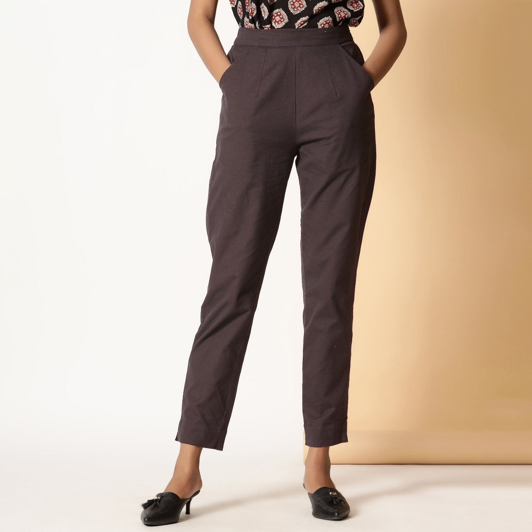 Buy Brown Cotton Flax Elasticated High-Rise Tapered Pant Online at ...