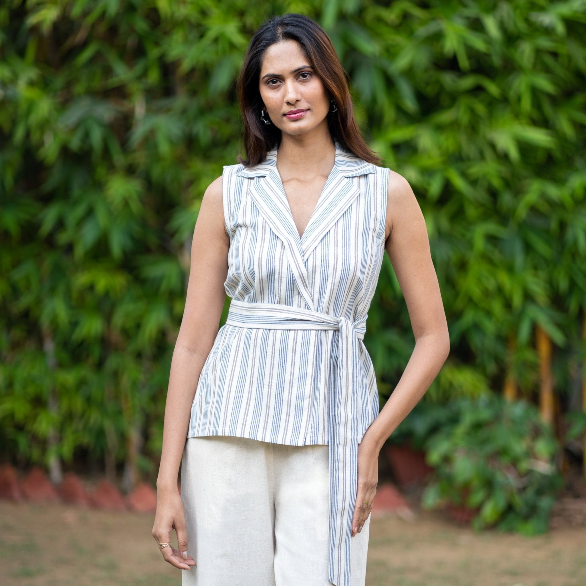 Buy Ecru and Blue Striped Cotton Sleeveless Wrap Top Online at ...