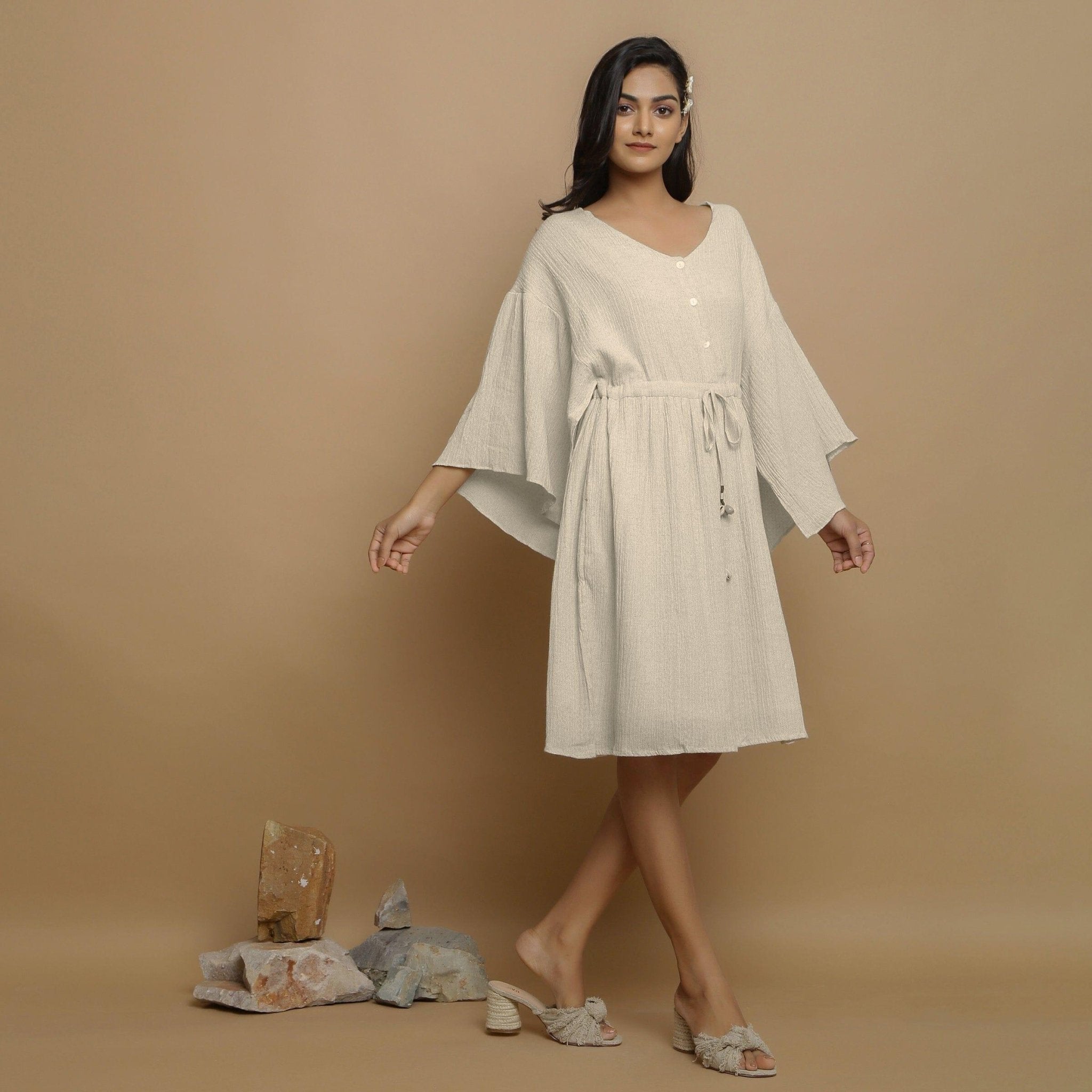 Buy Ecru Crinkled Cotton Flax V-Neck Drop Shoulder Sleeves Knee Length ...