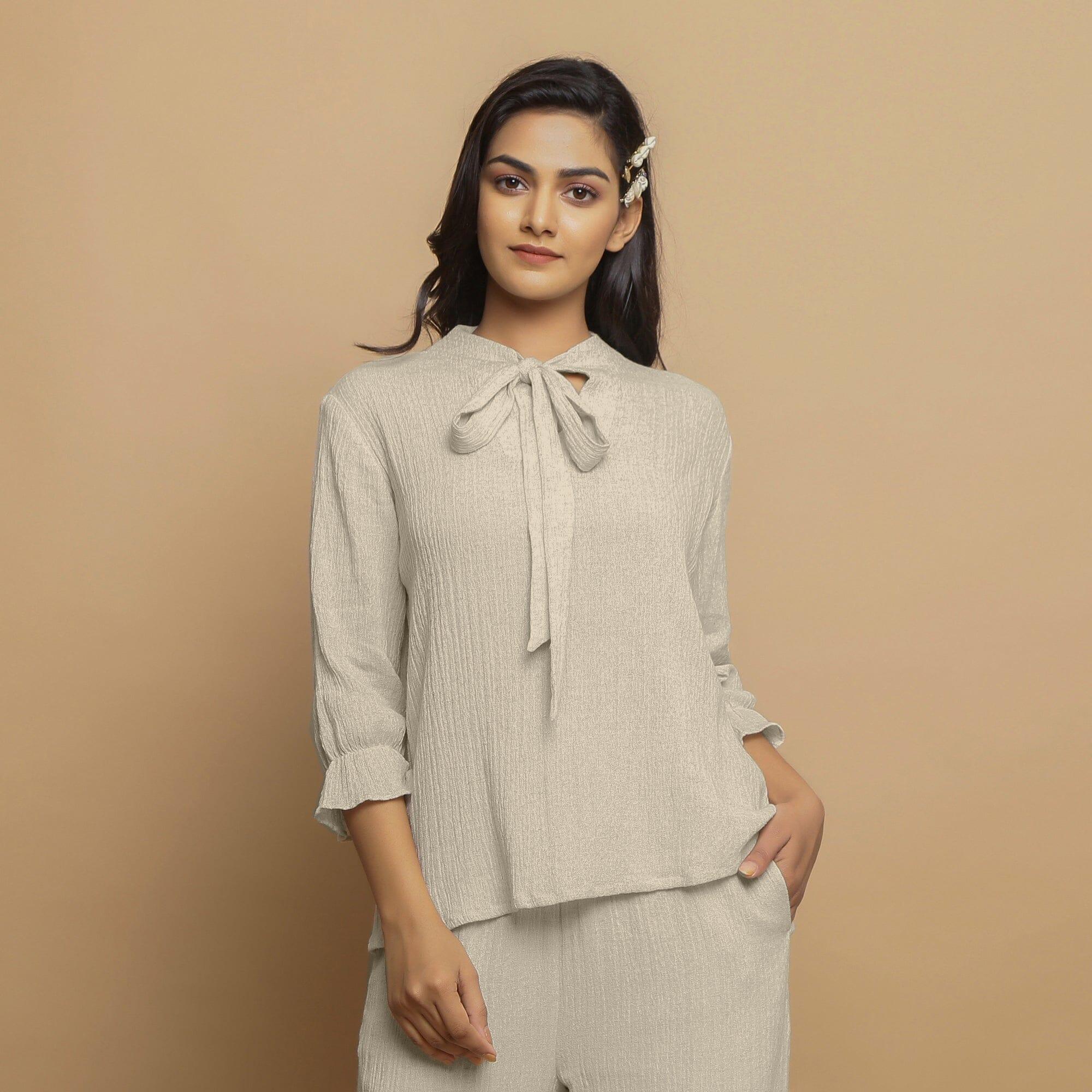 Buy Ecru Undyed Crinkled Cotton Flax Boho Tie-Neck Top Online at ...