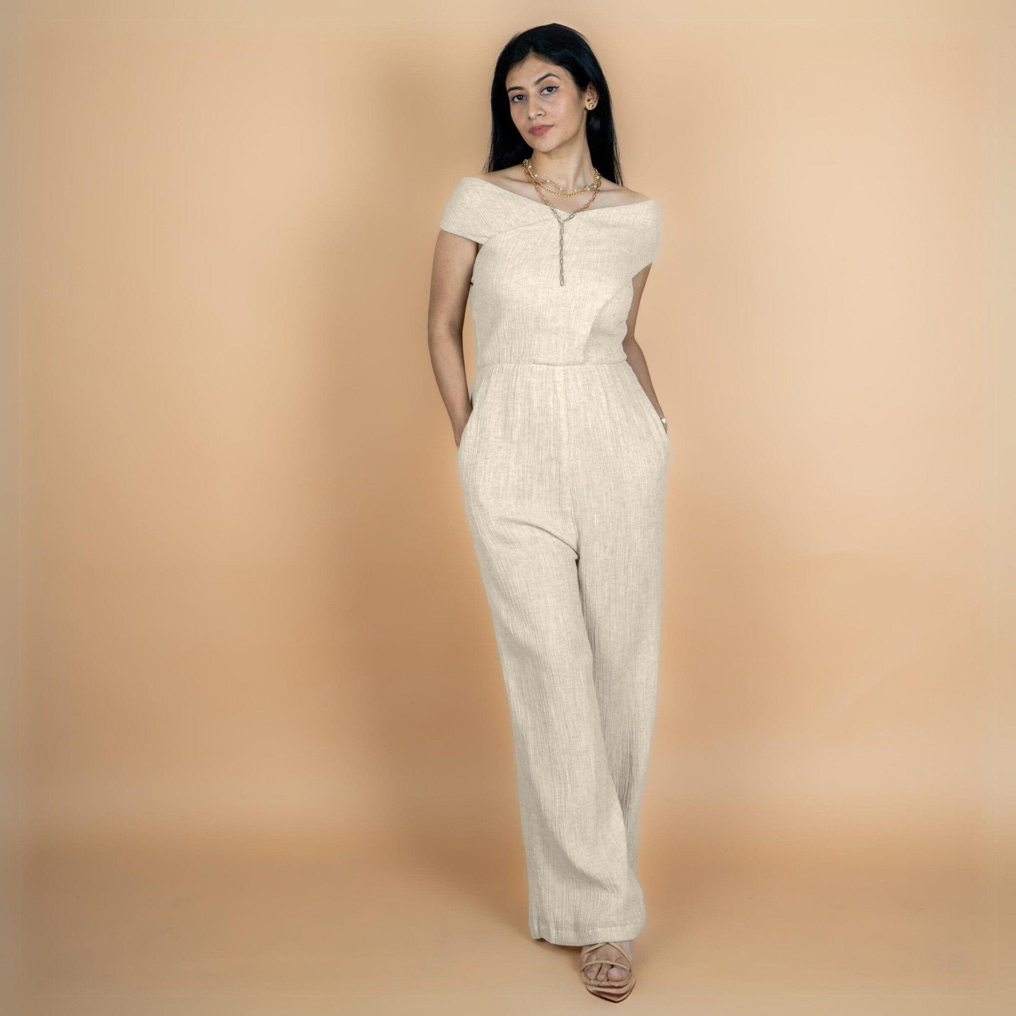 Buy Ecru Undyed Crinkled Cotton Flax Flared Off-Shoulder Sleeveless ...