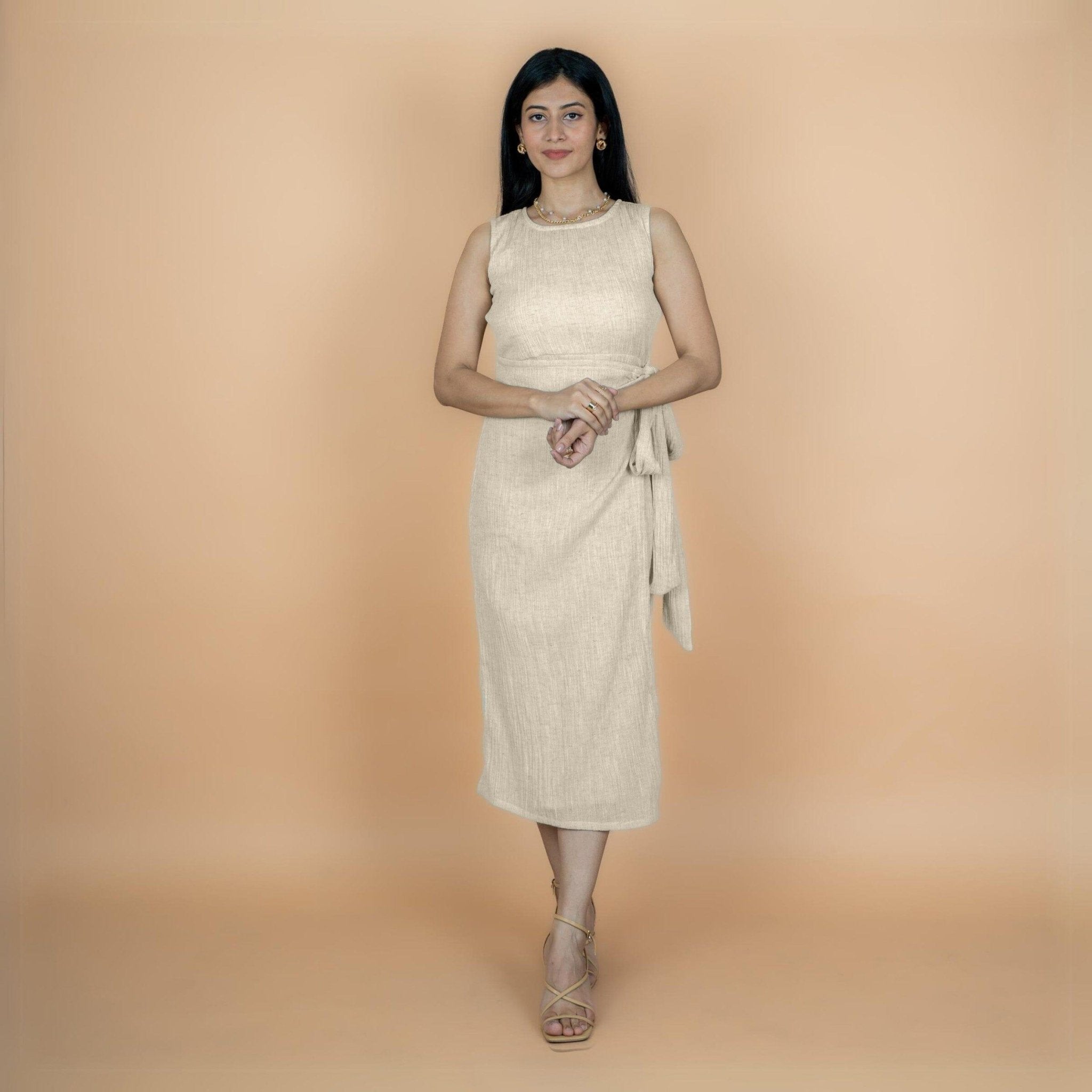 Buy Ecru Undyed Crinkled Cotton Flax Shift Midi Wrap Dress Online at ...