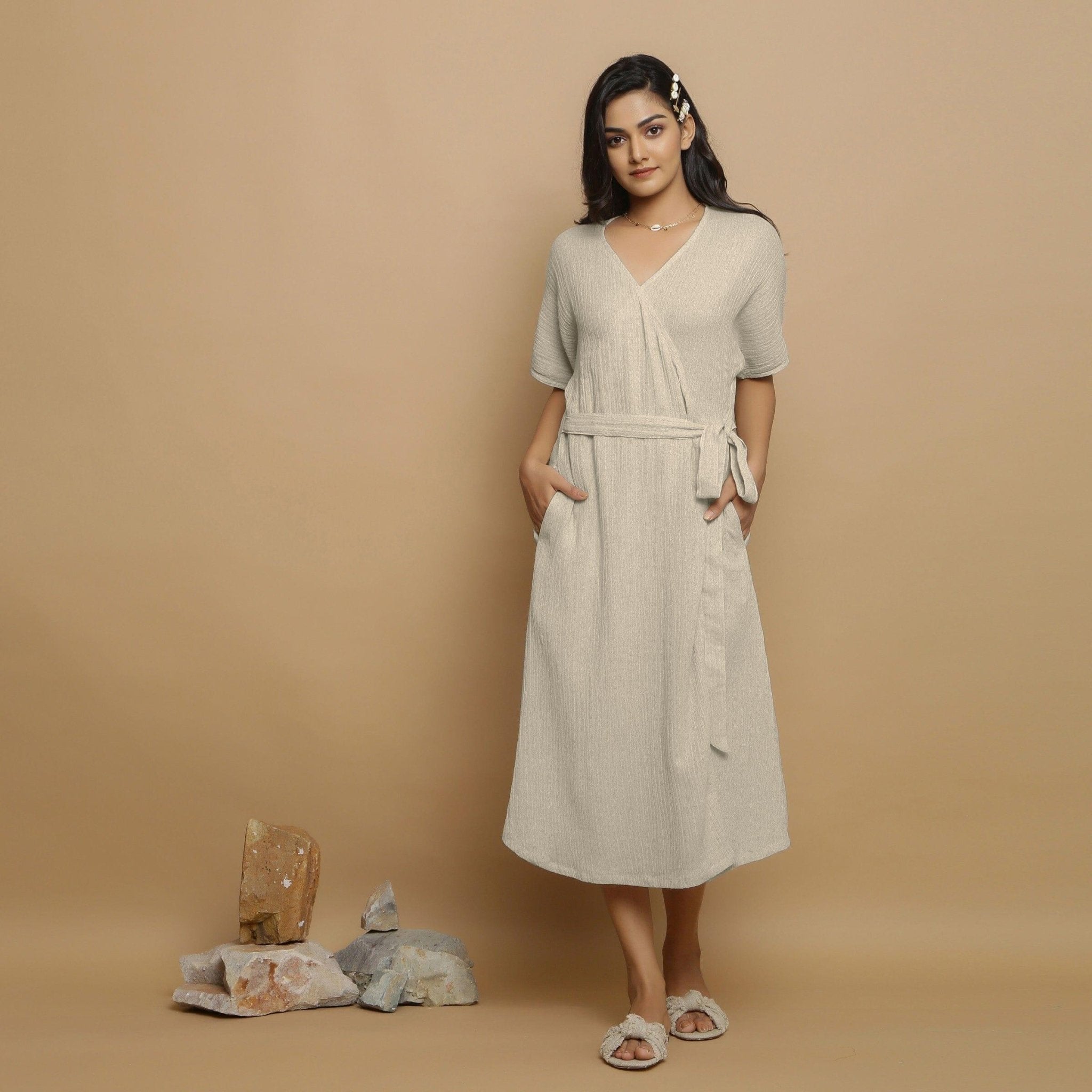 Buy Ecru Undyed Crinkled Cotton Flax V-Neck Maxi Wrap Dress Online at ...