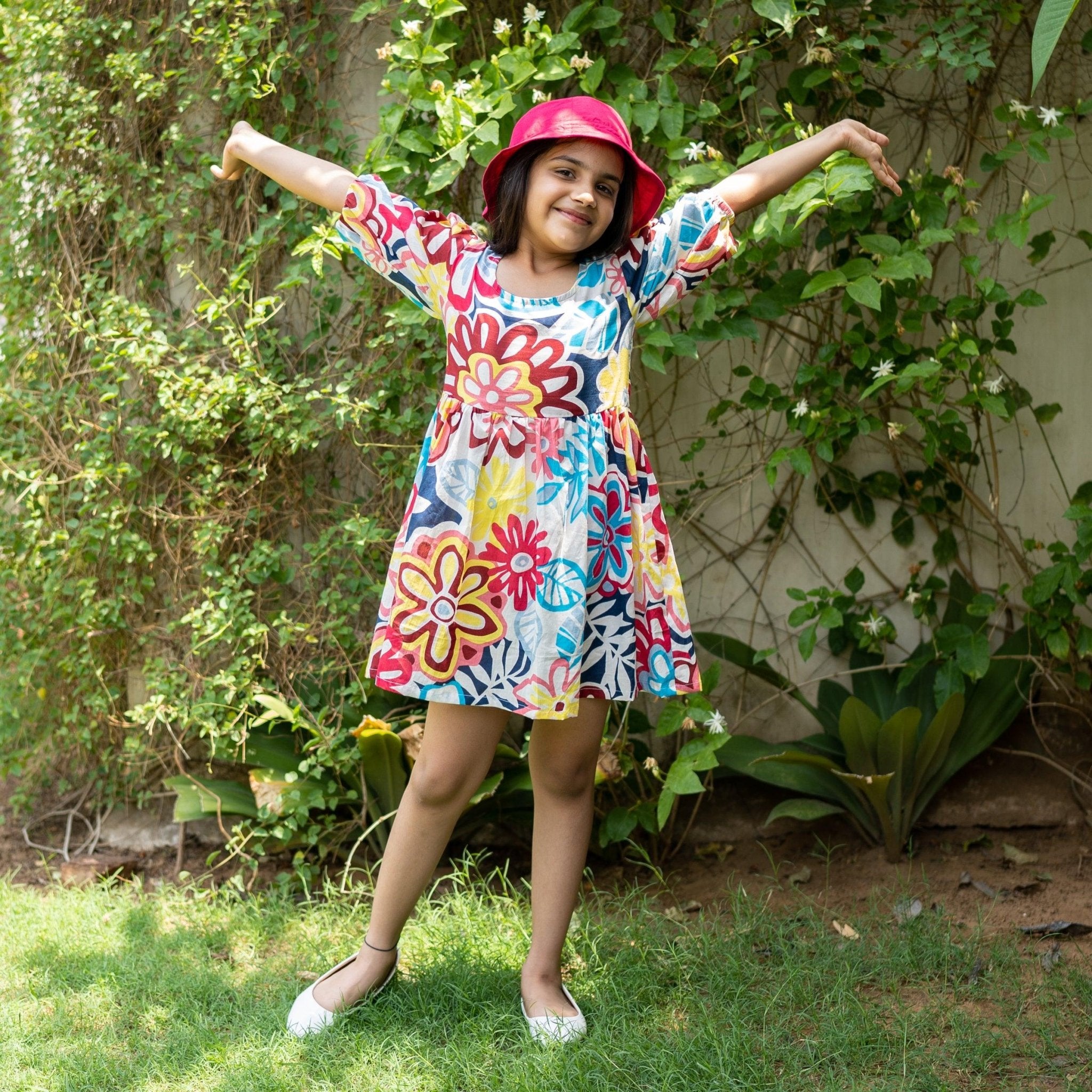 Buy Girls - Multicolor Floral Printed 100% Cotton Gathered Short Dress ...
