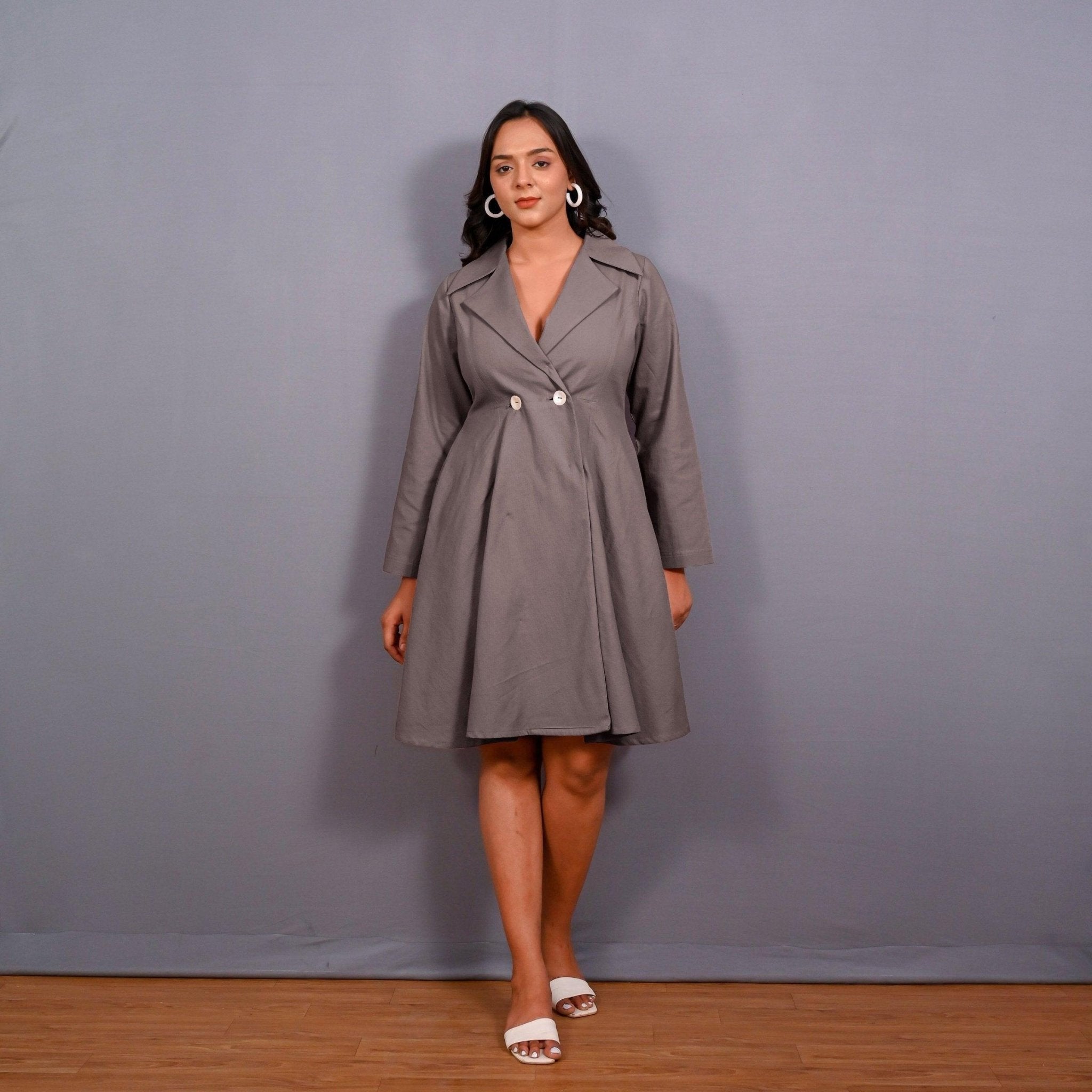 Buy Grey Warm Cotton Flannel Fit and Flare Knee Length Blazer Dress ...