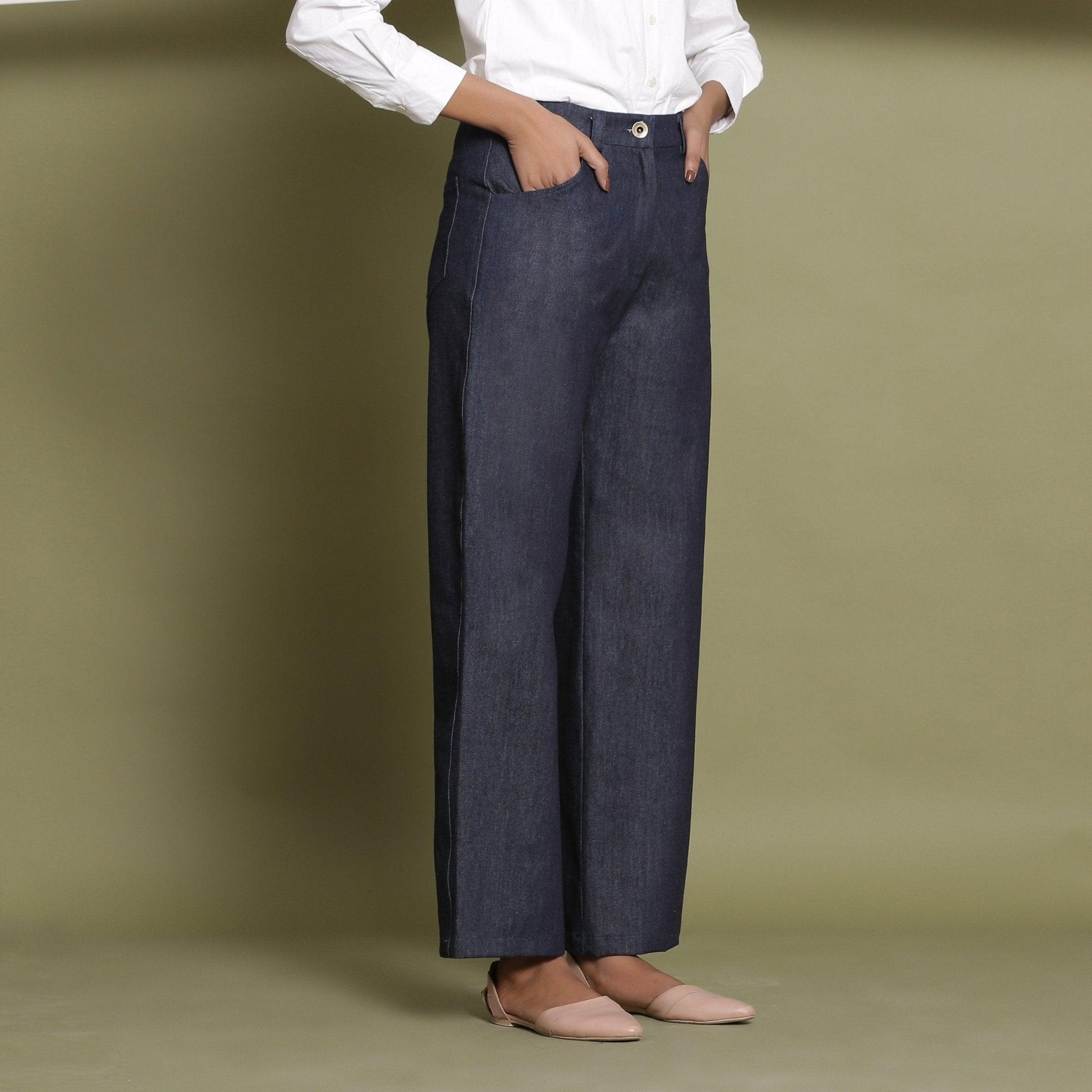 Buy Indigo Cotton Denim High-Rise Wide Legged Jeans Online at SeamsFriendly