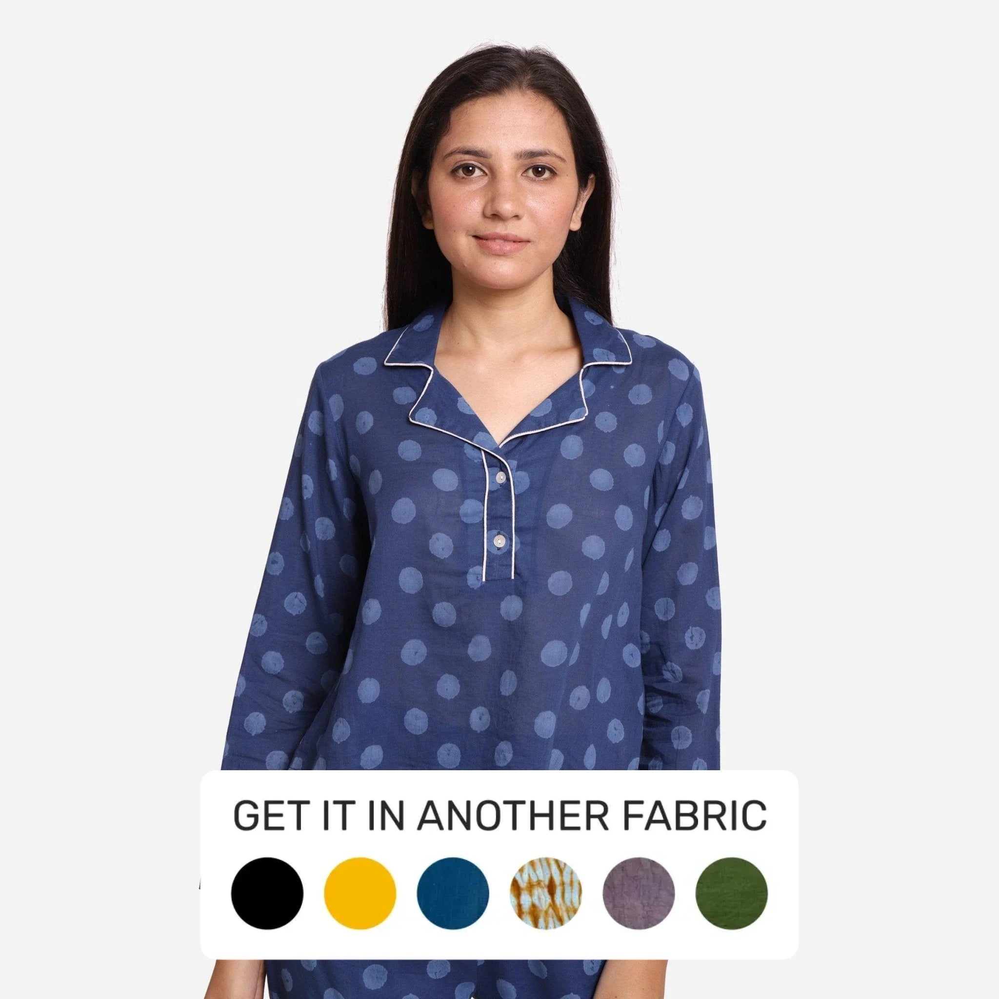 Buy Indigo Polka Dot Block Printed Cotton Notched Collar Shirt Online ...