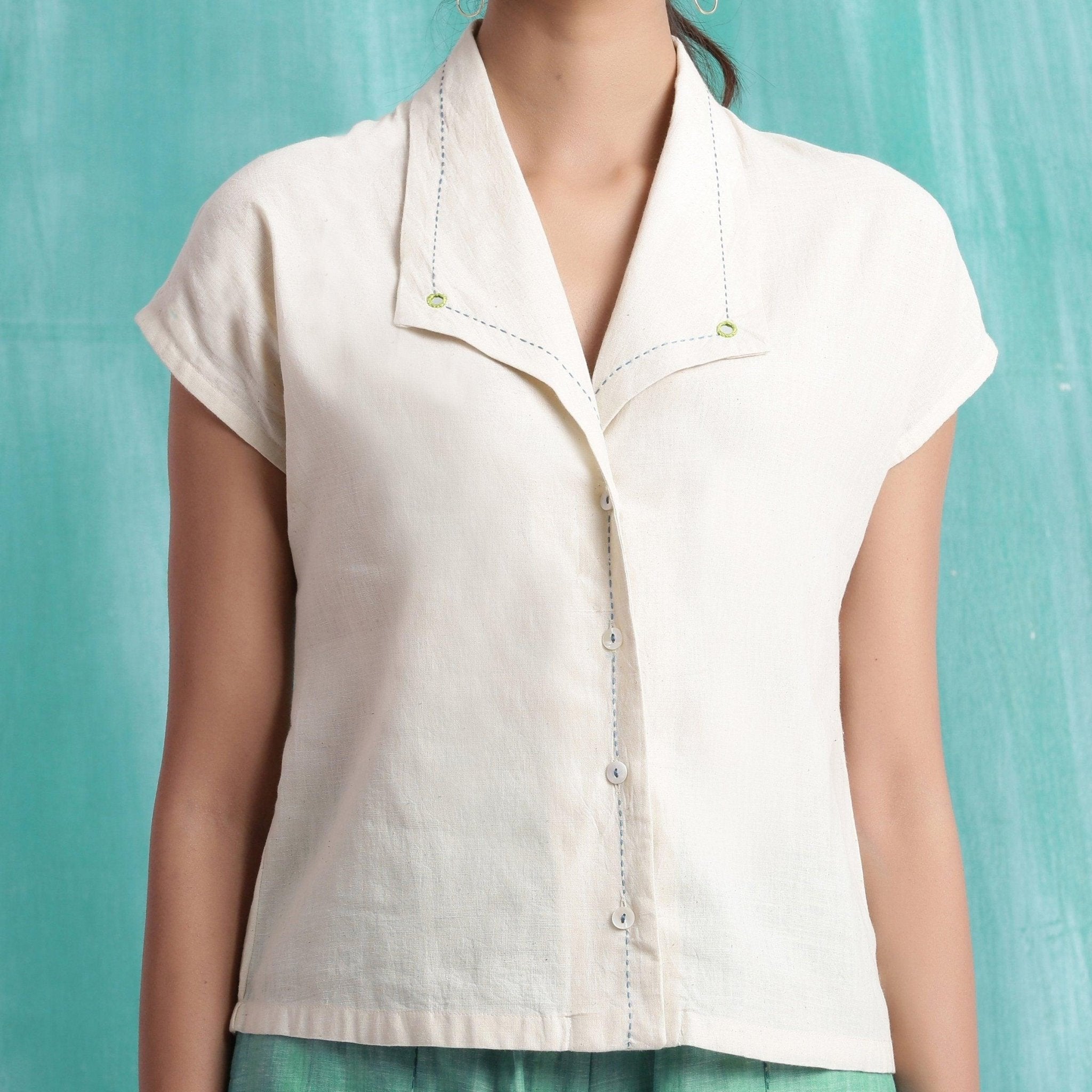 Buy Ivory Handspun Cotton Mirror Work Button-Down Shirt Online at ...