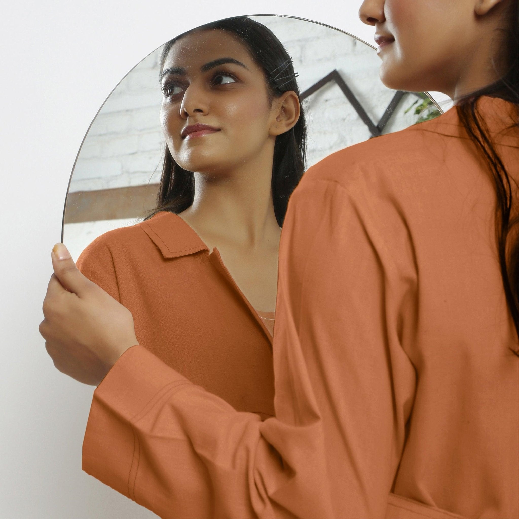 Buy Khakhi Orange Handspun Cotton Notched Collar Front Open Overlay ...