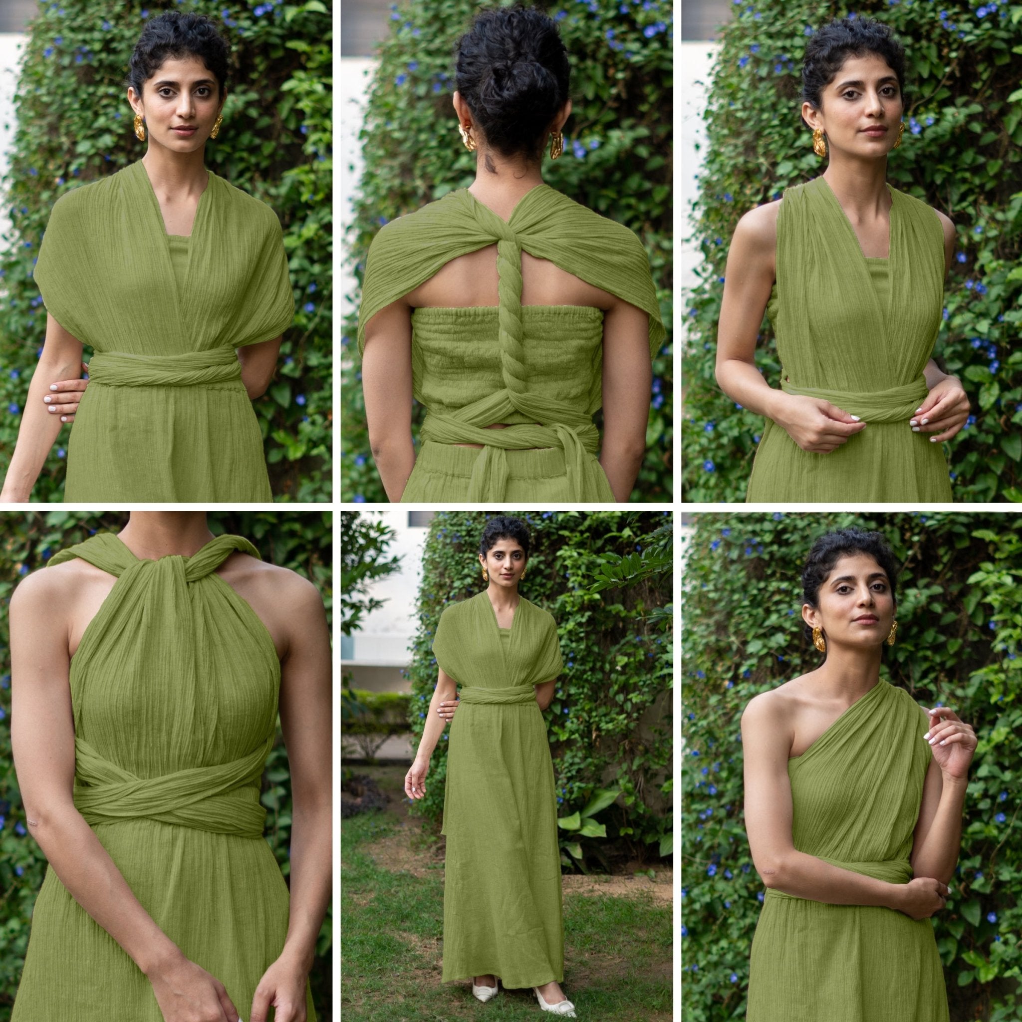 Buy Leaf Green Crinkled Cotton Flax Boho Infinity Drape Gown with ...