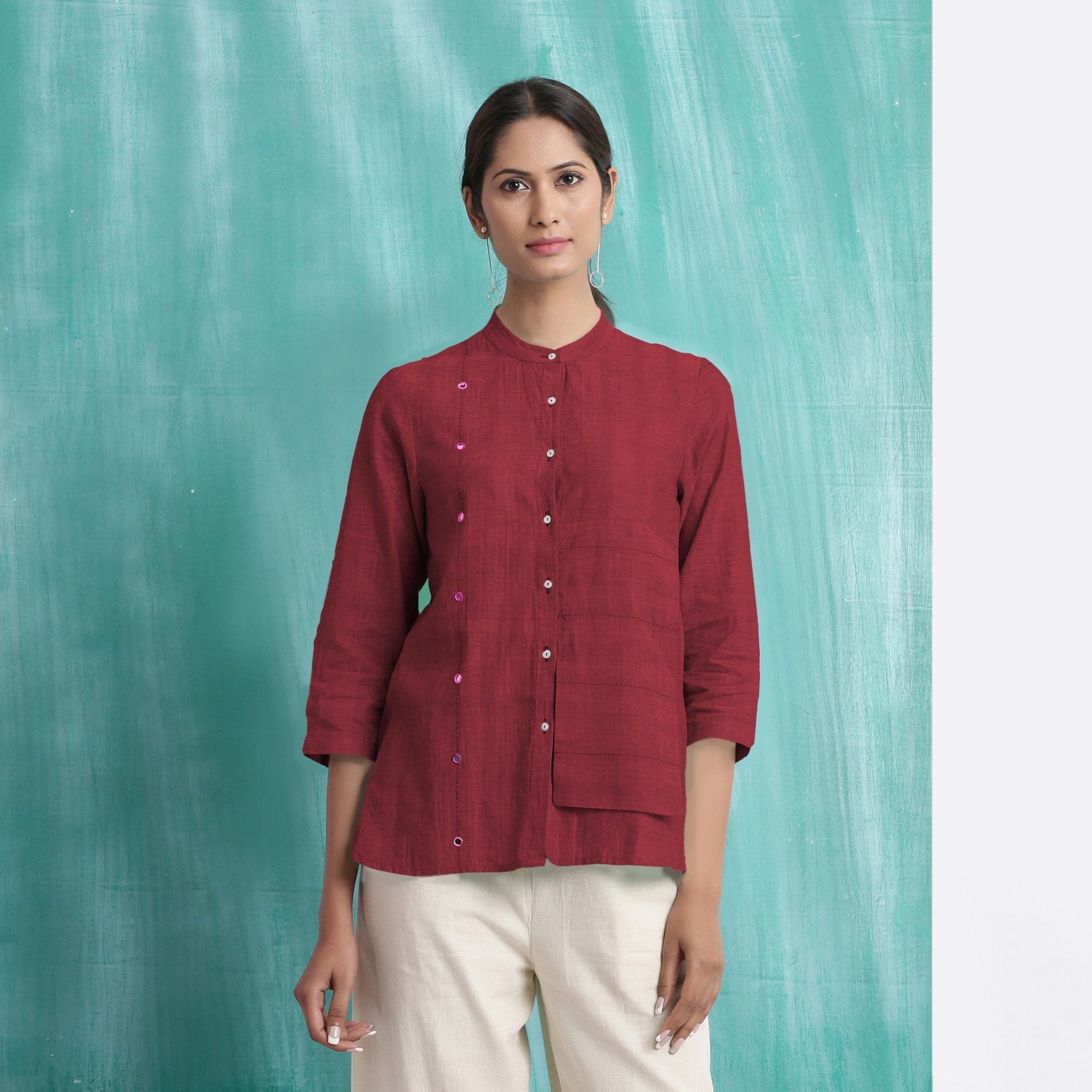 Buy Maroon Mirror Work Handspun Cotton Mandarin Collar Top Online at ...