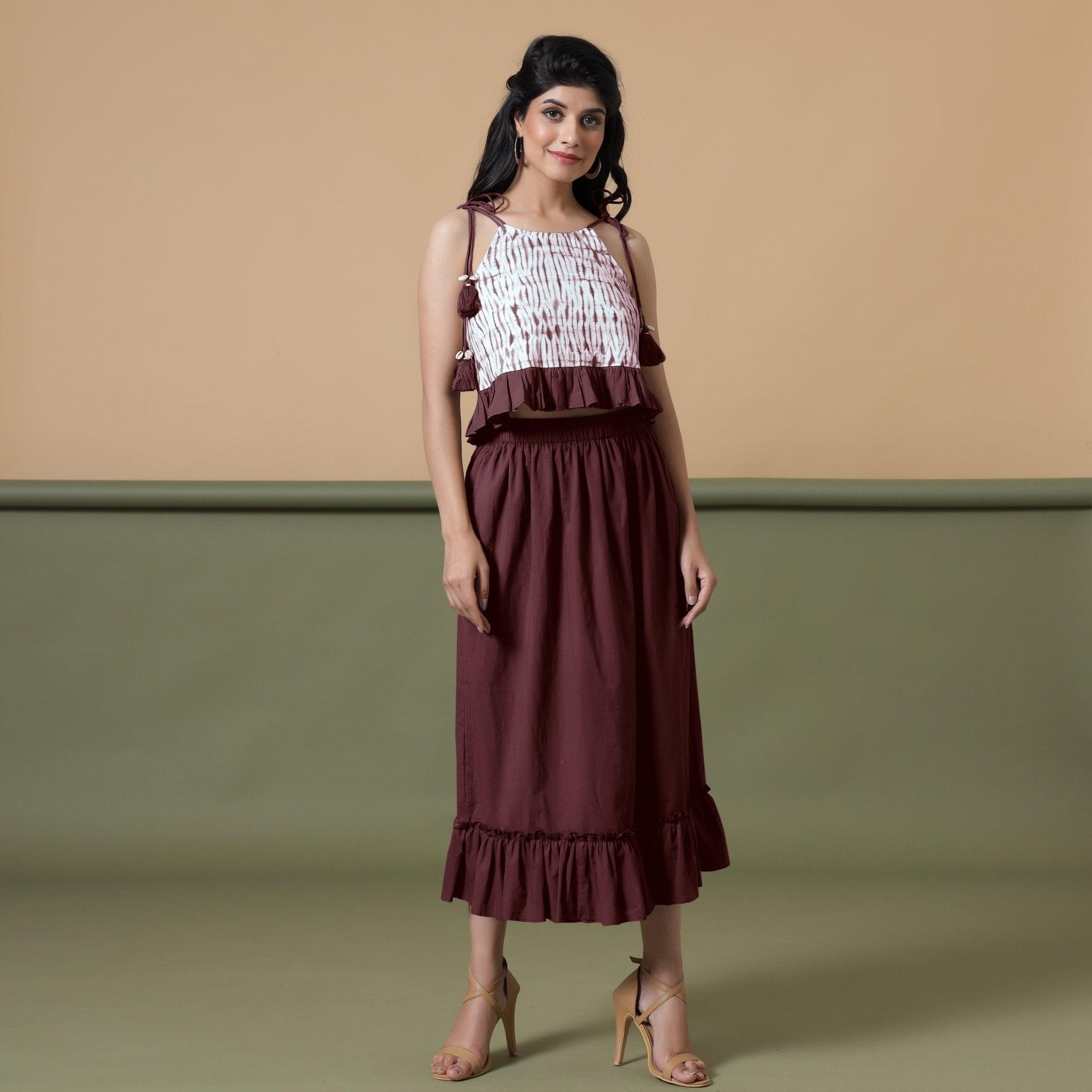 Buy Maroon Shibori Cotton Cami Top and Elasticated Midi Skirt Co-ord ...