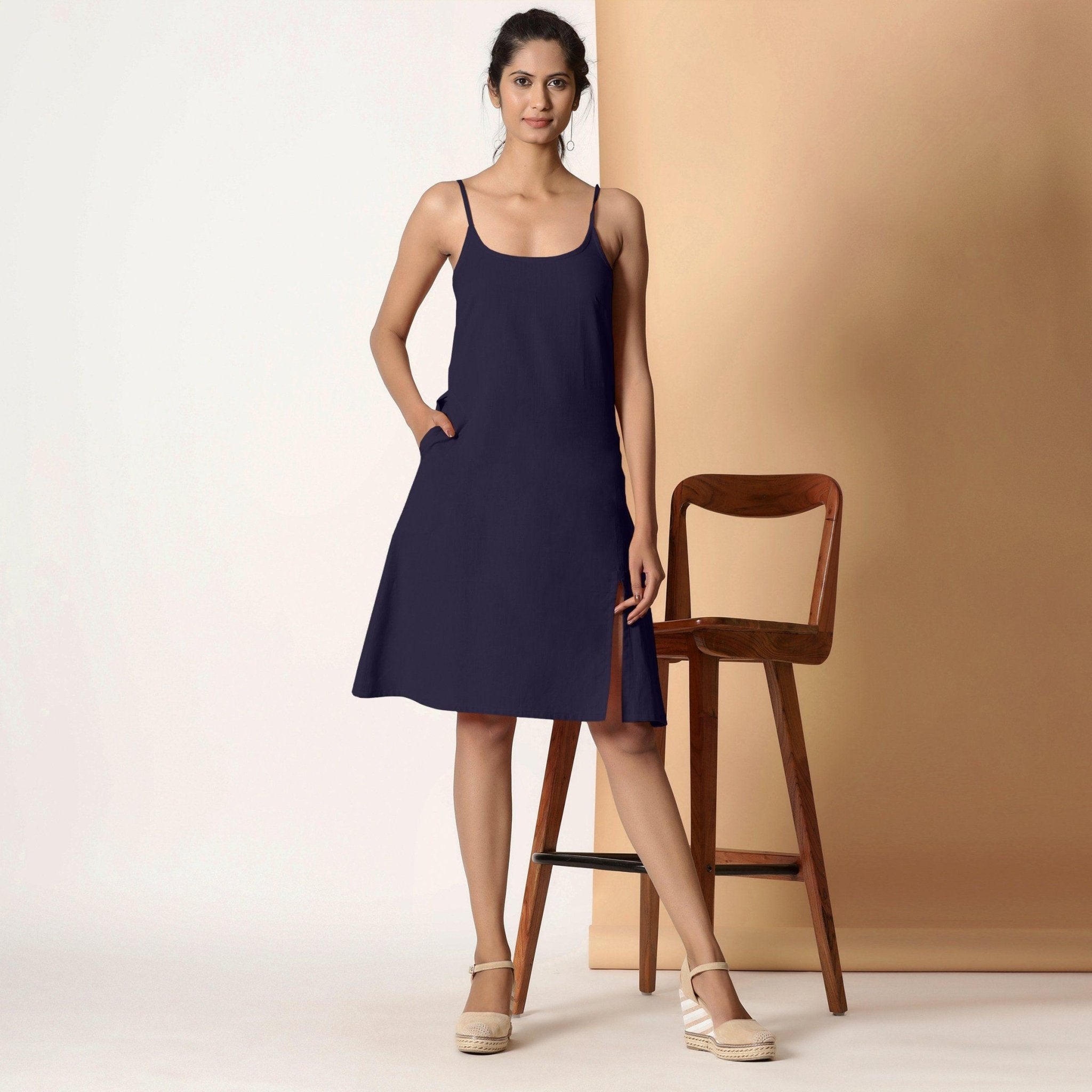 Buy Midnight Blue Cotton Flax Knee Length Strappy Slit Dress Online at ...