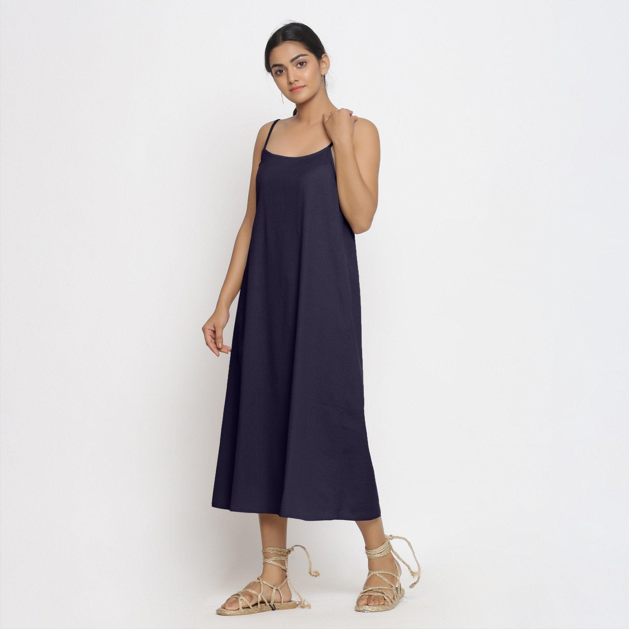 Buy Navy Blue Cotton Flax Strappy A-Line Midi Dress Online at SeamsFriendly