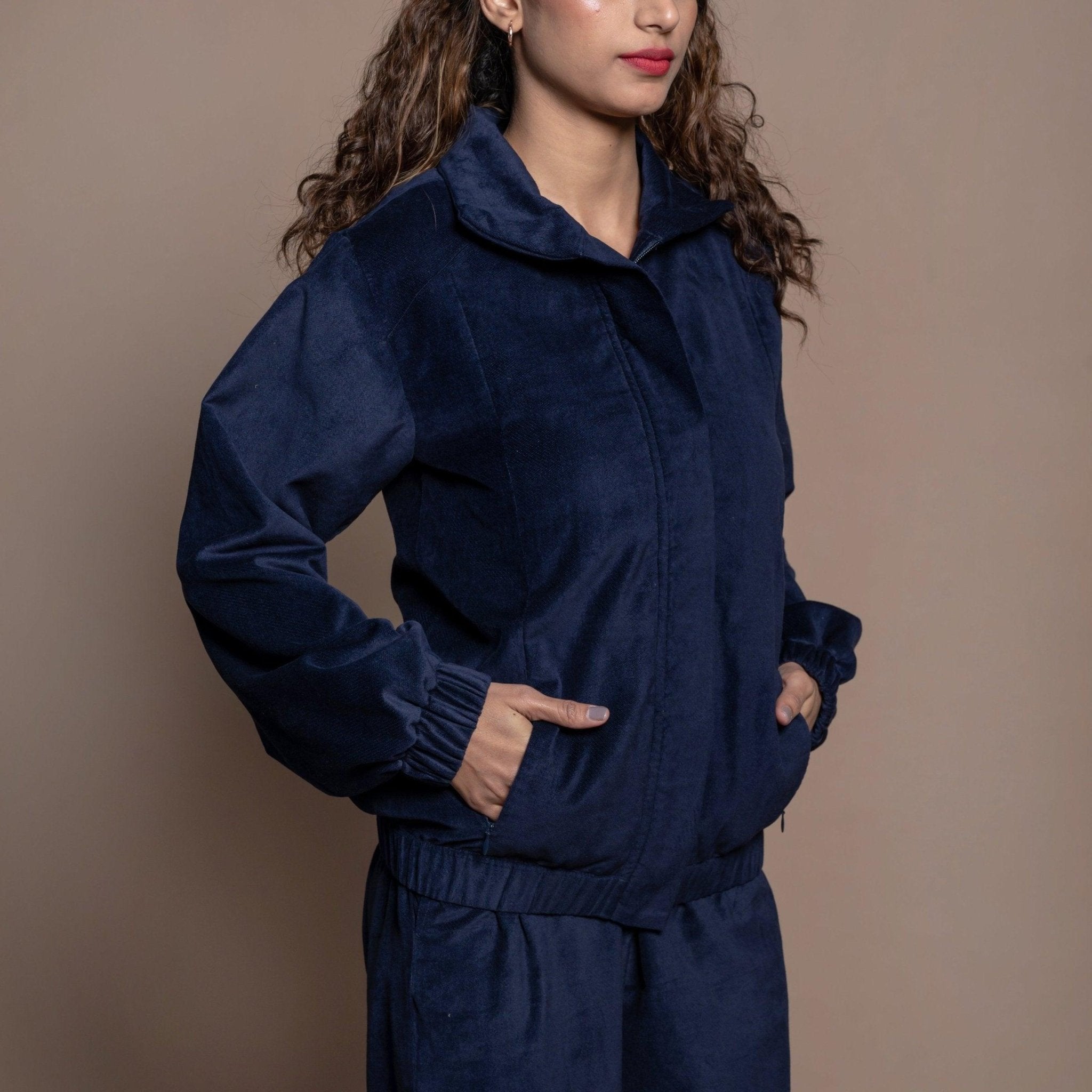 Buy Navy Blue Cotton Velvet Princess Line Bomber Jacket Online at ...