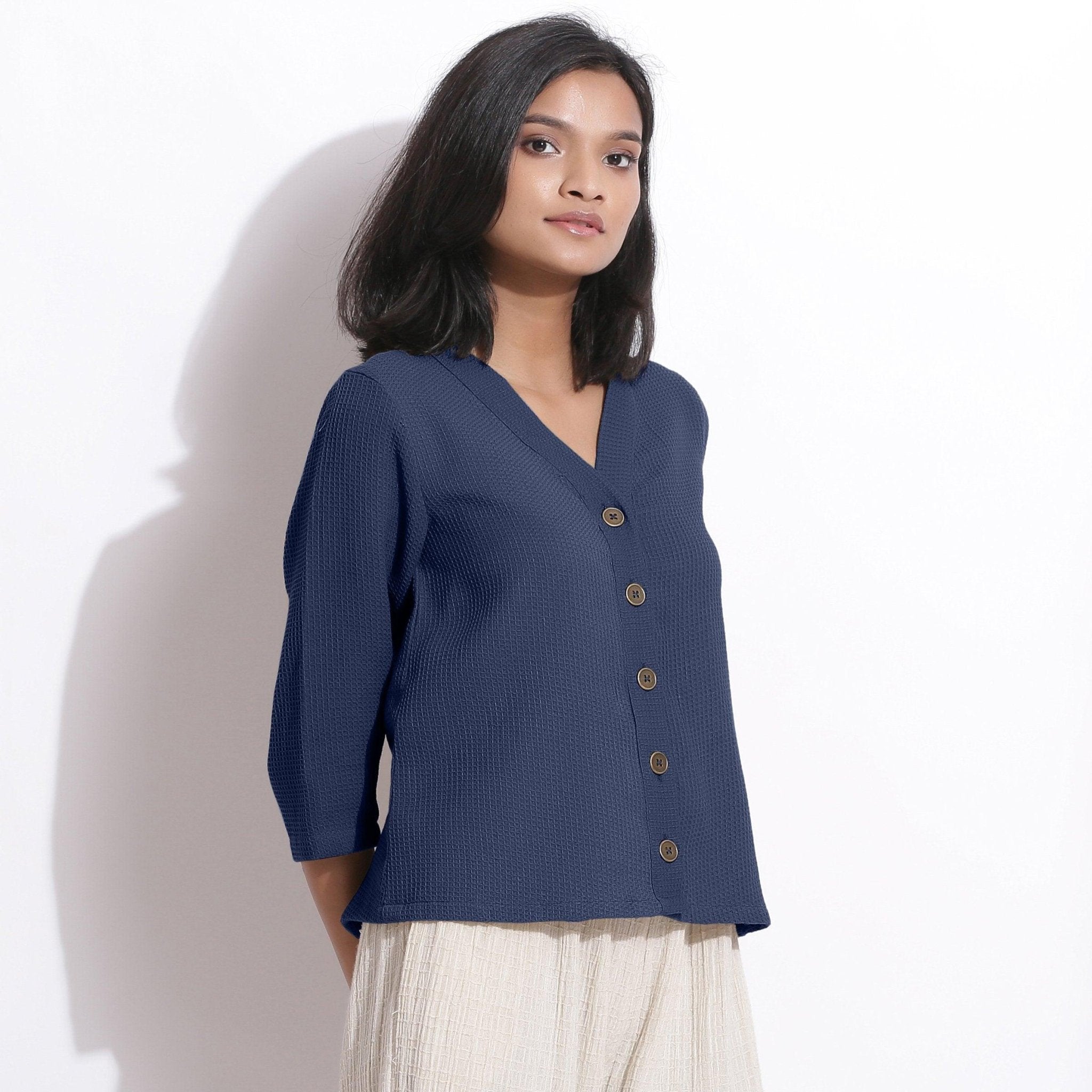 Buy Navy Blue Warm Cotton Waffle Button-Down Top Online at SeamsFriendly