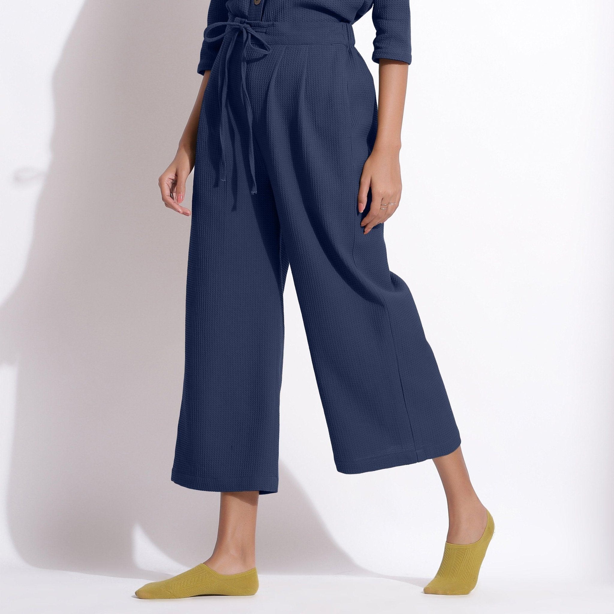 Buy Navy Blue Warm Cotton Waffle Calf Length Culottes Online at ...