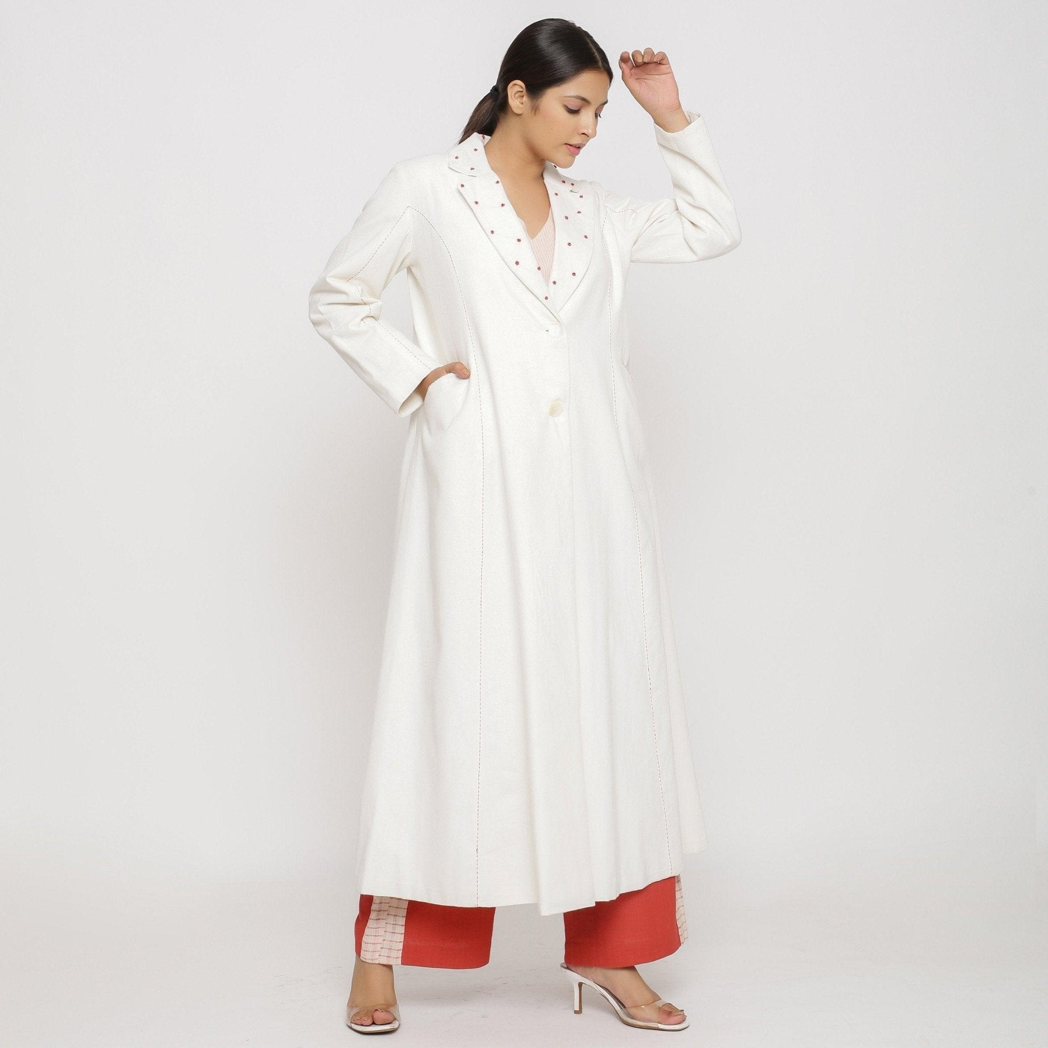 Buy Off-White Hand Beaded Cotton Princess Line Overcoat Online at ...
