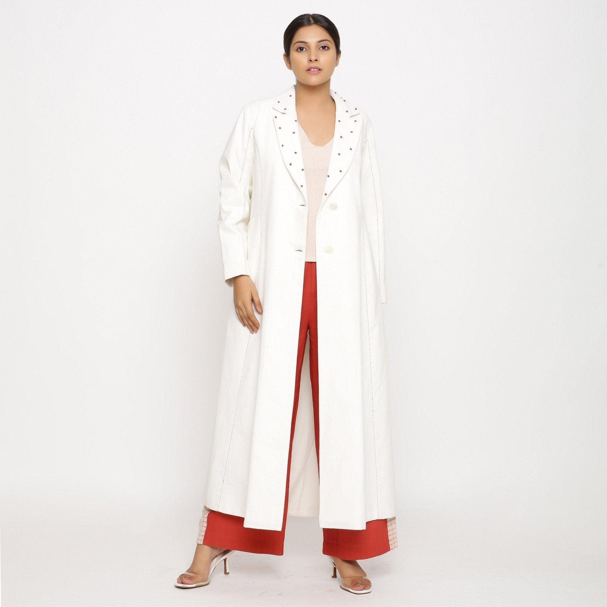 Buy Off-White Hand Beaded Cotton Princess Line Overcoat Online at ...