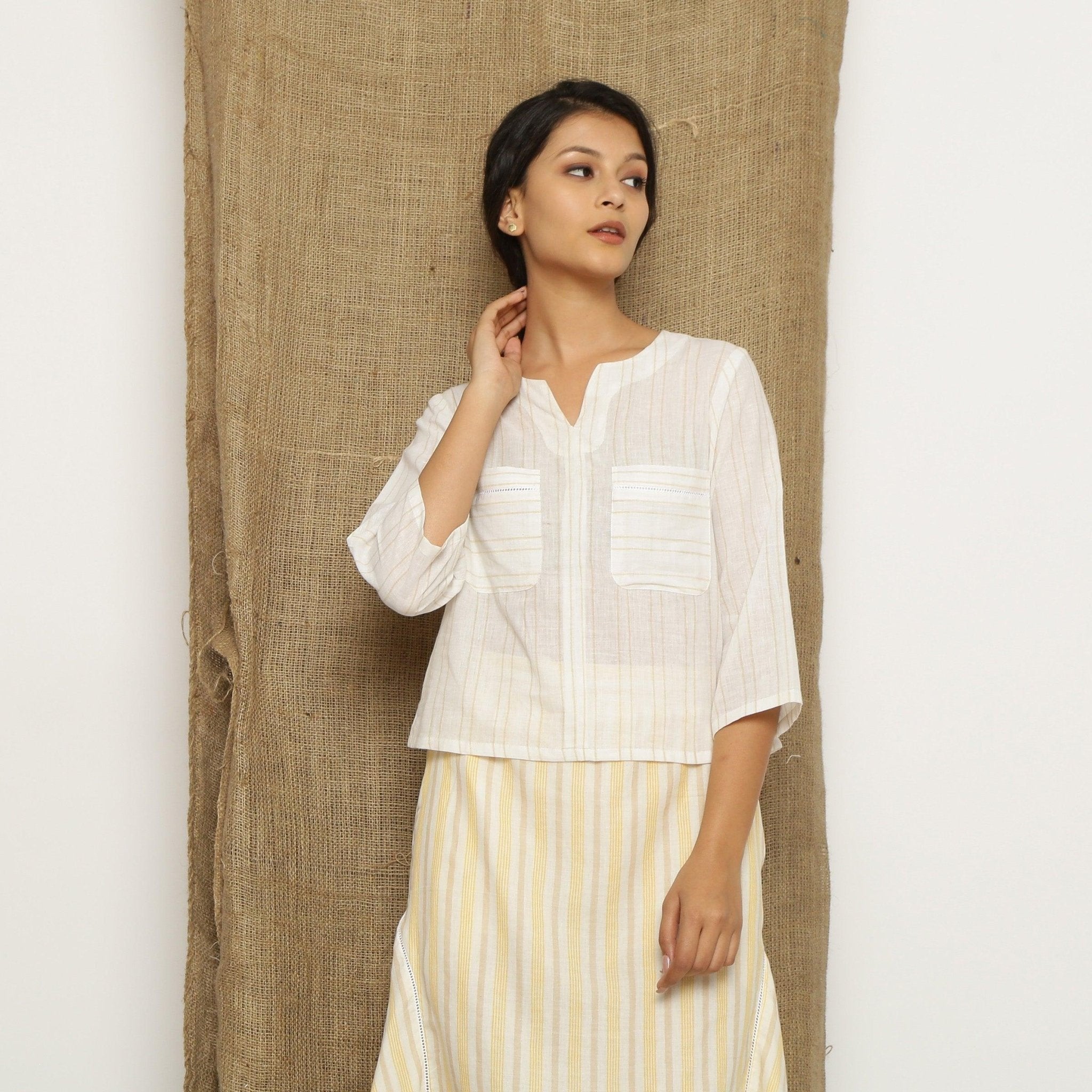 Buy Off-White Striped 100% Cotton Split Neck Paneled Top Online at ...