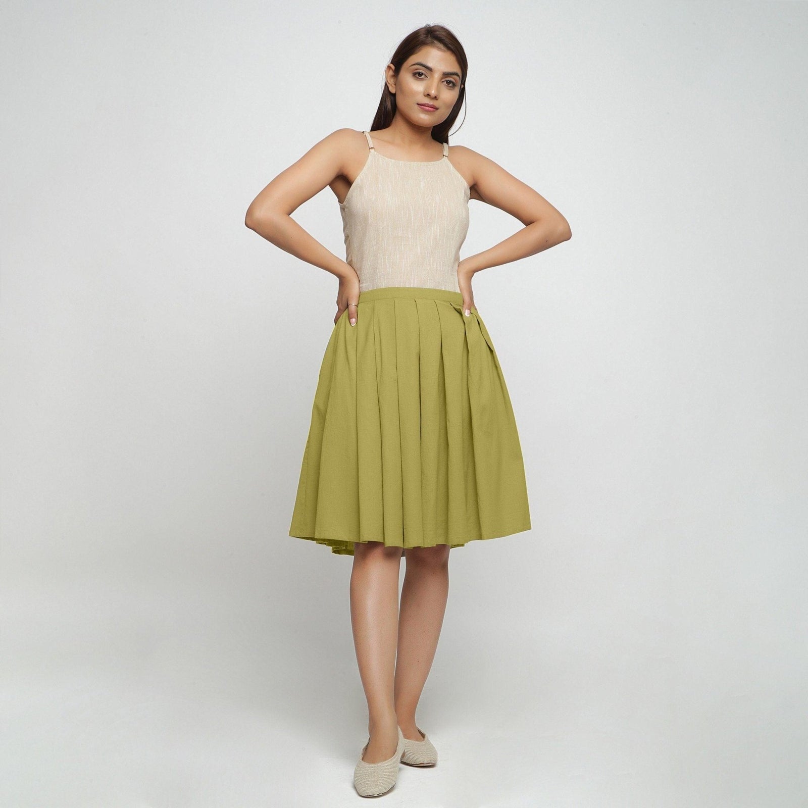 Buy Olive Green Cotton Flax Pleated Knee Length Skirt Online at SeamsFriendly