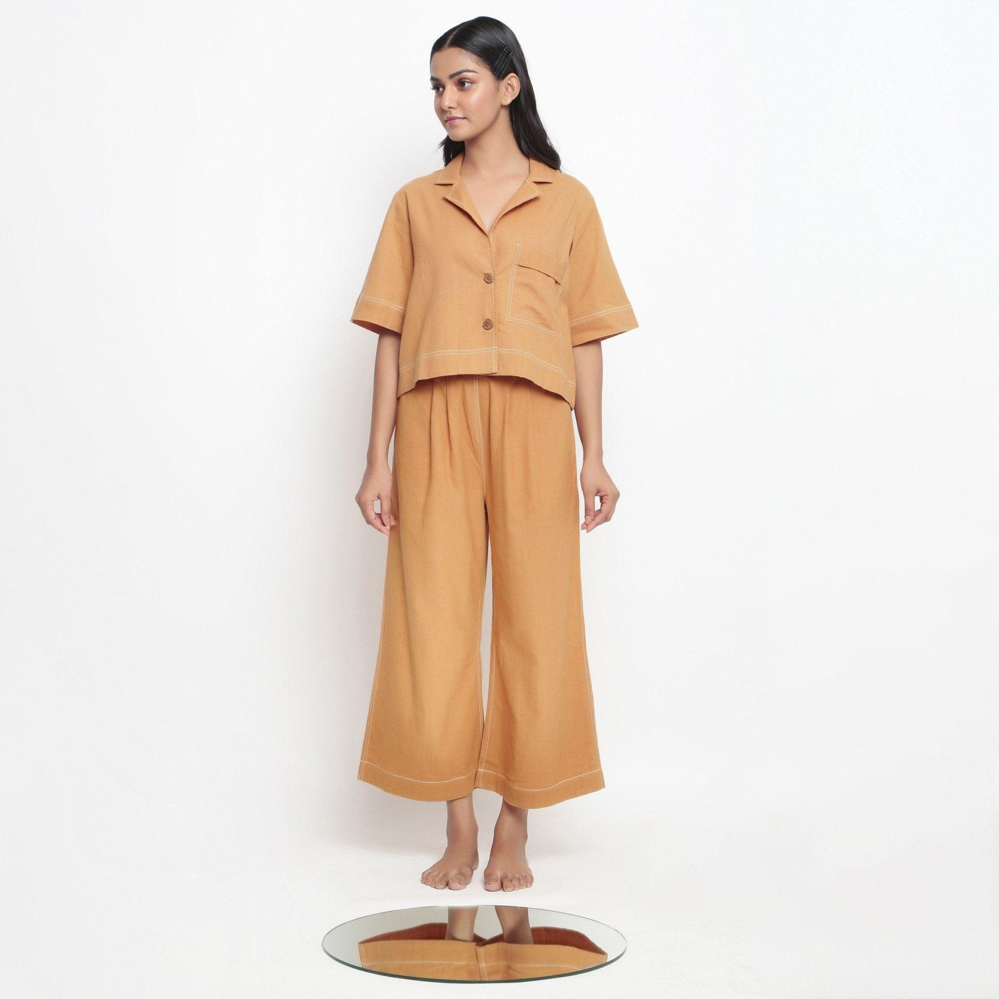 Buy Orange 100% Cotton Notched Collar Shirt and Wide Legged Pant Co-ord ...