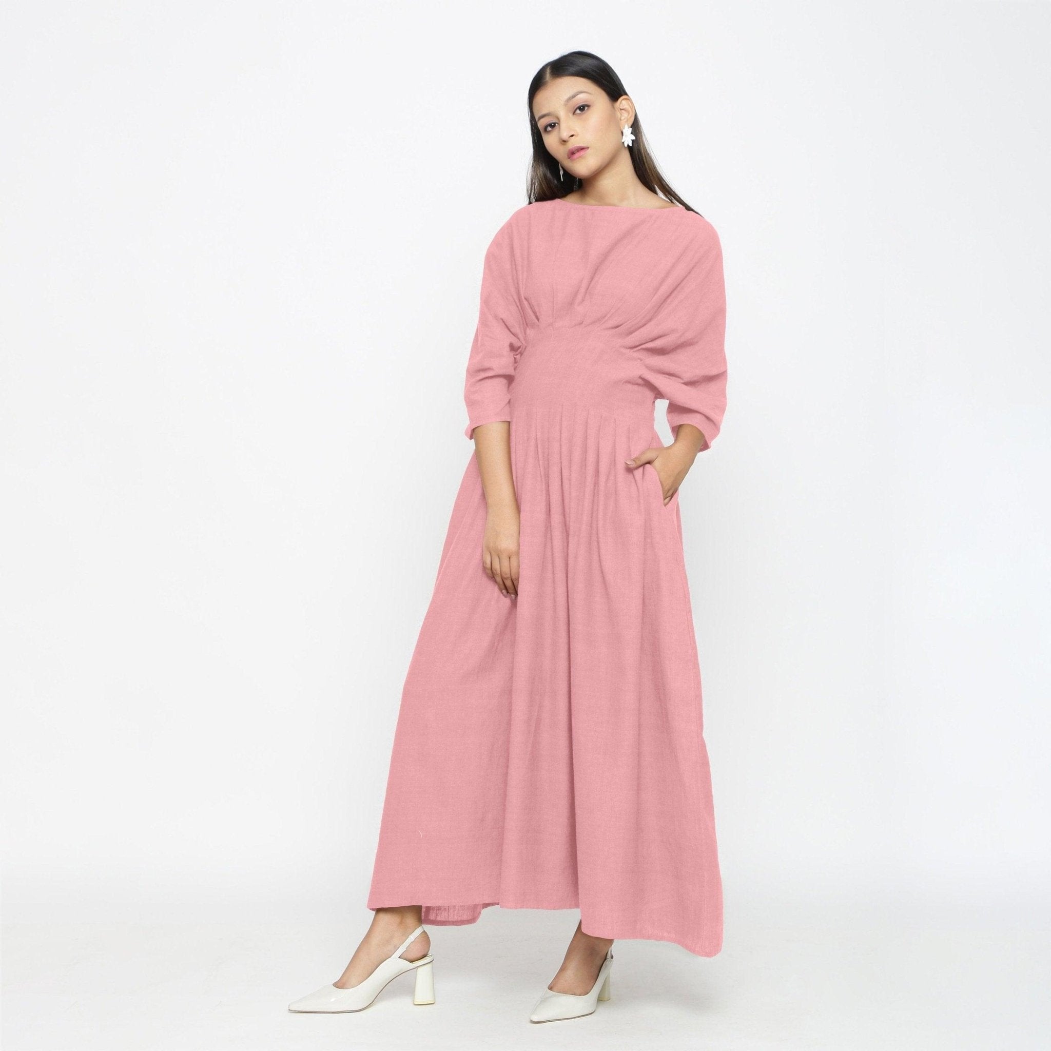 Buy Pink Cotton Flax Ankle Length Pleated Flared Dress Online at ...