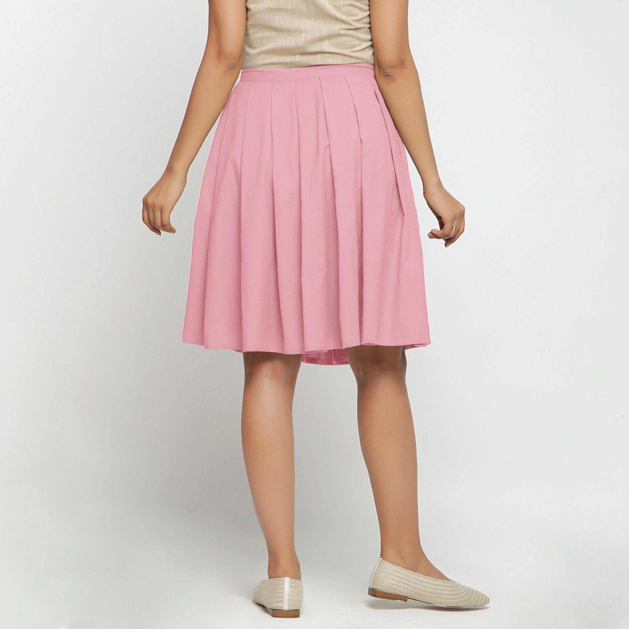 Buy Pink Cotton Flax Knee Length Pleated Skirt Online at SeamsFriendly