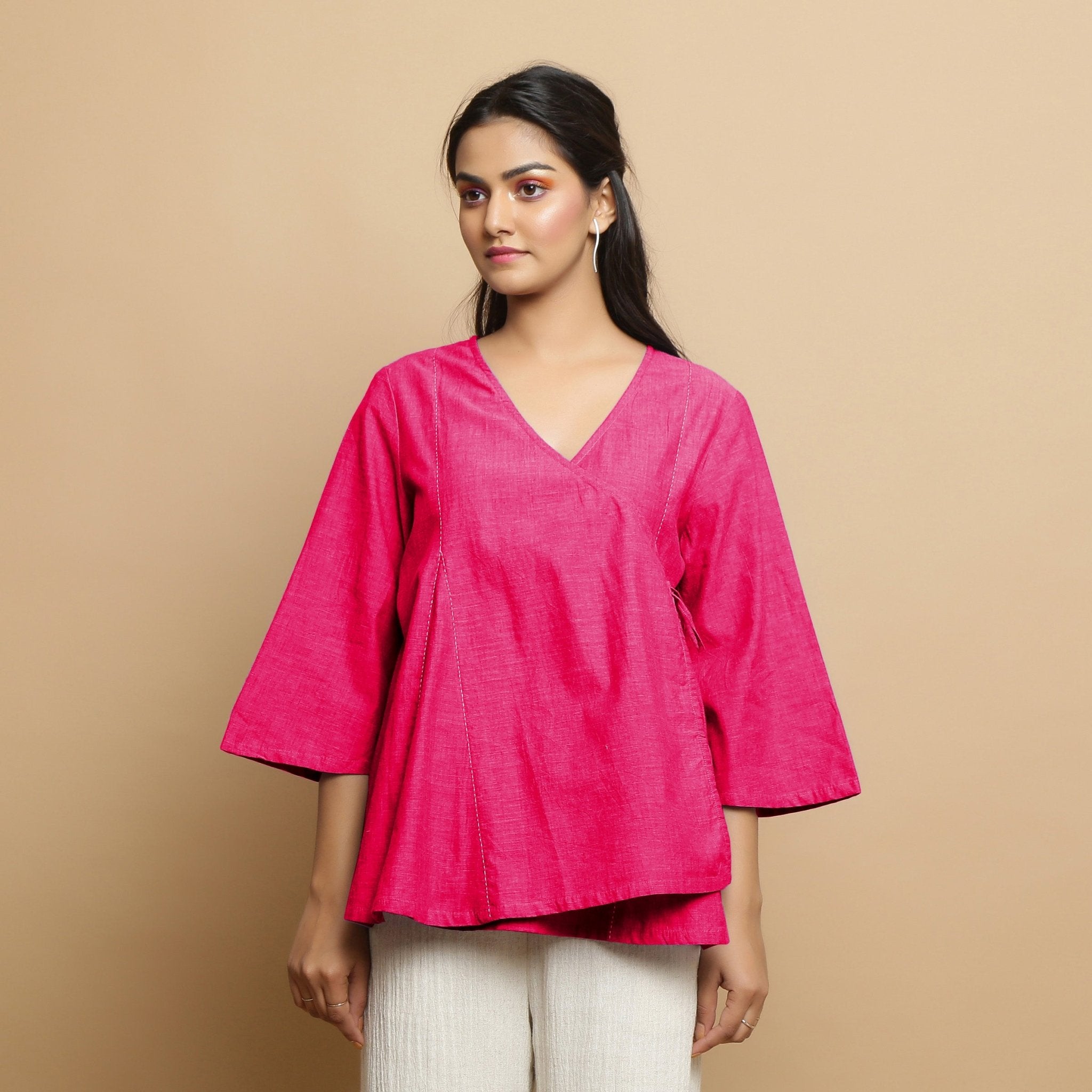 Buy Pink Embroidered Cotton Poplin Asymmetrical Godet Top Online at ...