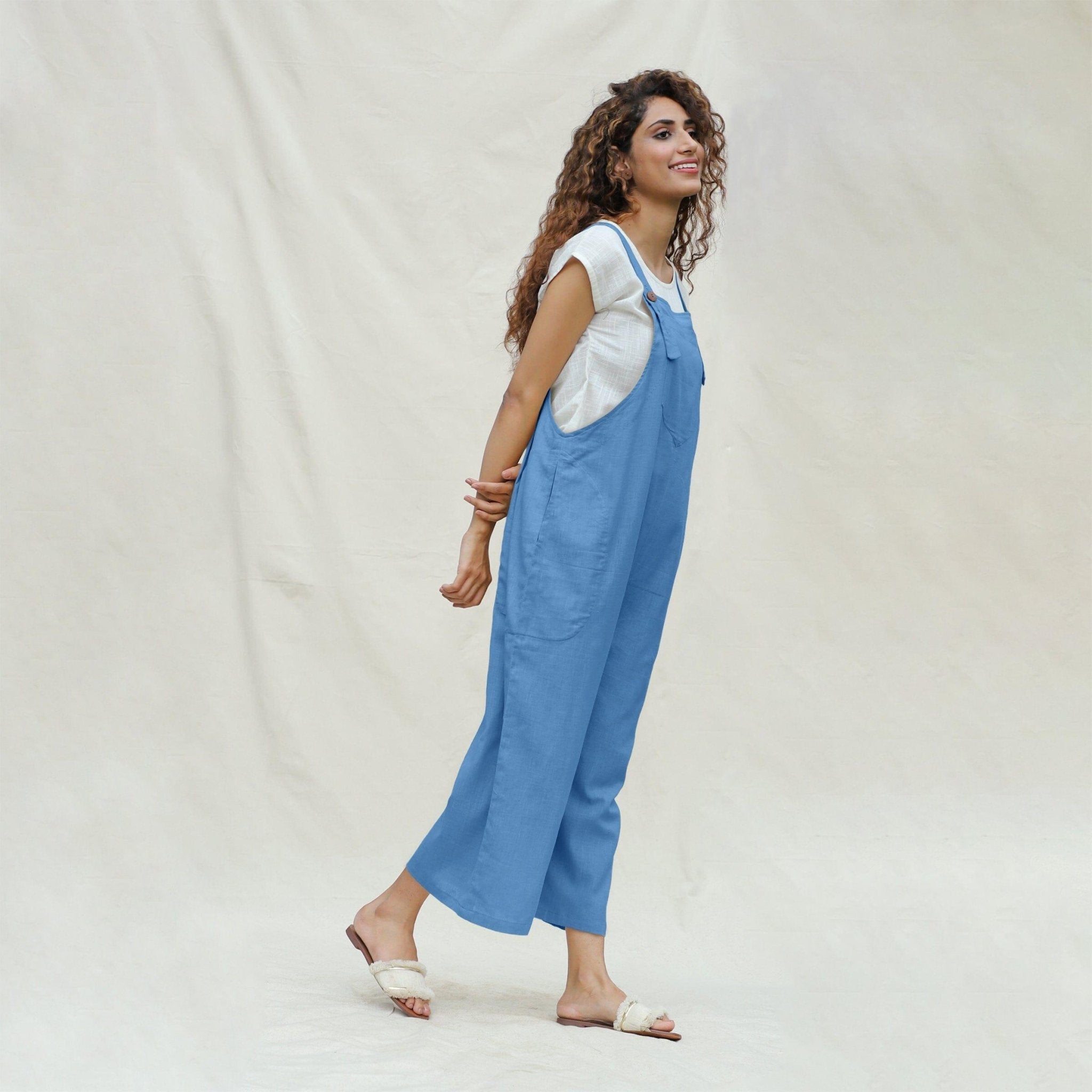 Buy Powder Blue Handspun Cotton Midi Dungaree Jumpsuit Online at ...