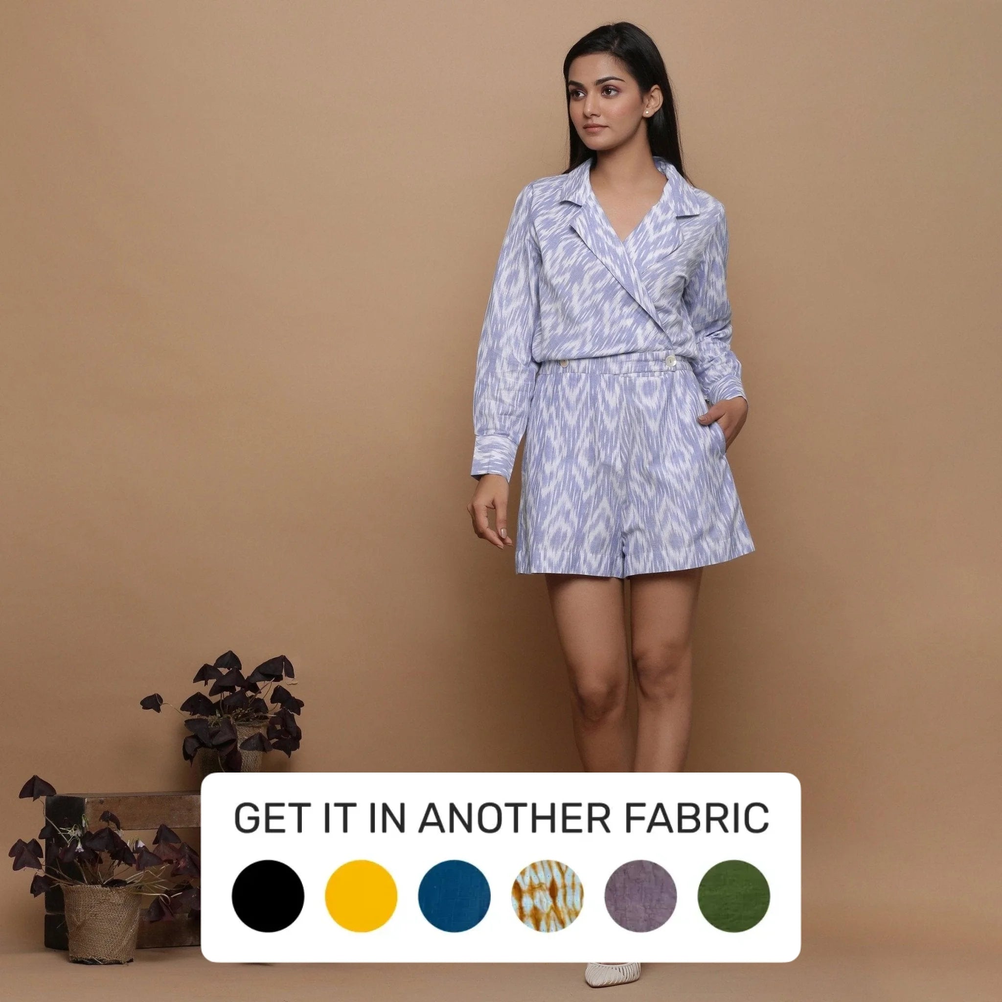 Buy Powder Blue Ikat Cuff Sleeves Short Cotton Romper Online at ...