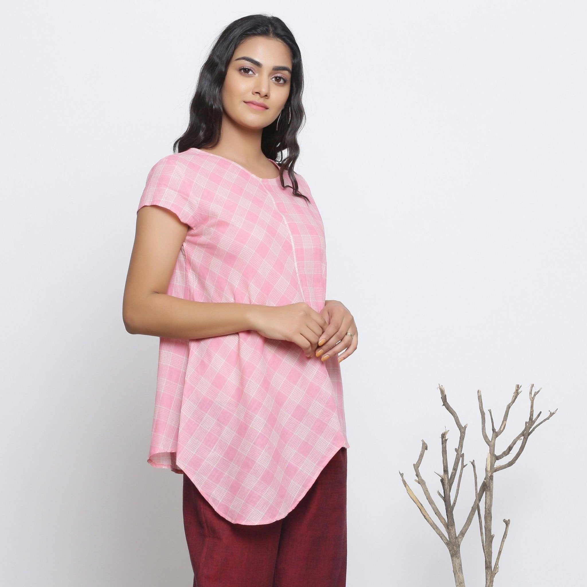 Buy Powder Pink Checks Handspun Cotton Muslin Paneled Top Online at ...