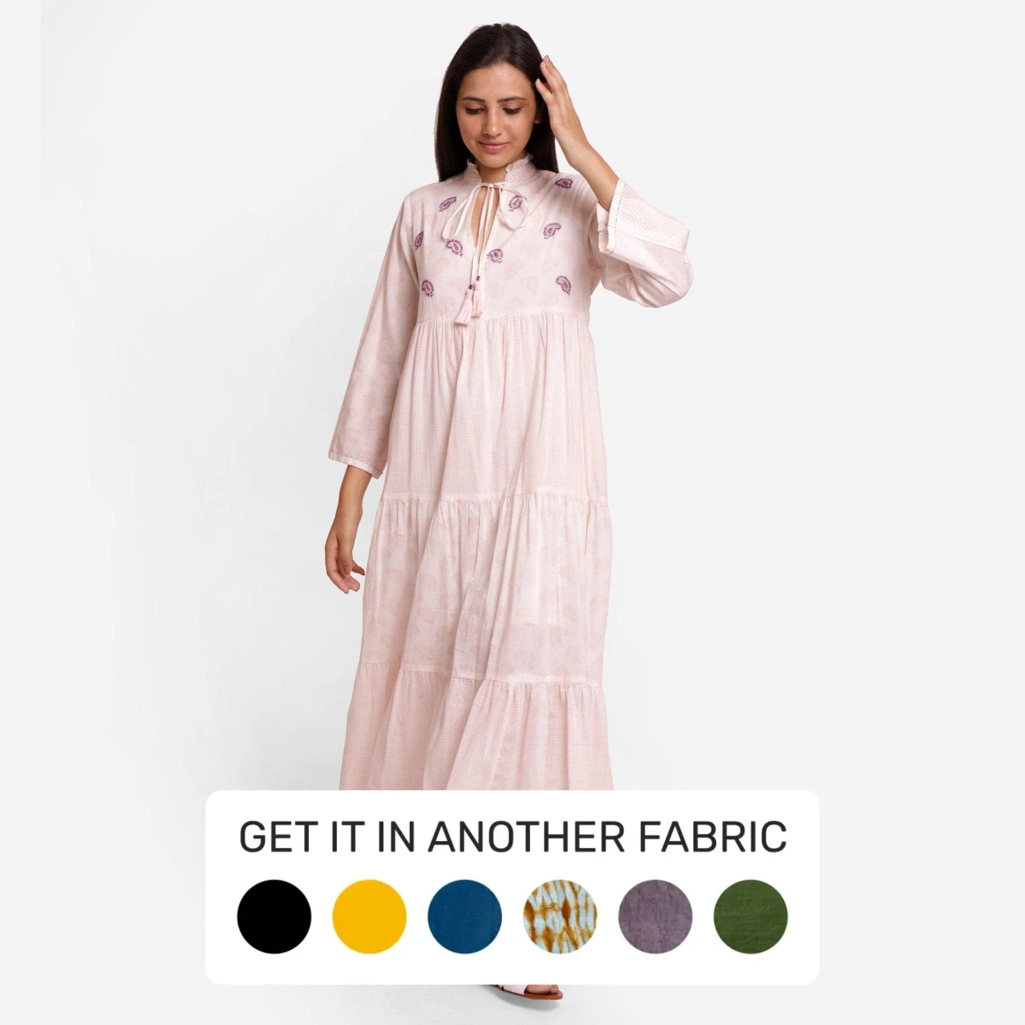 Buy Powder Pink Cotton Block Print Maxi Peasant Dress Online at ...