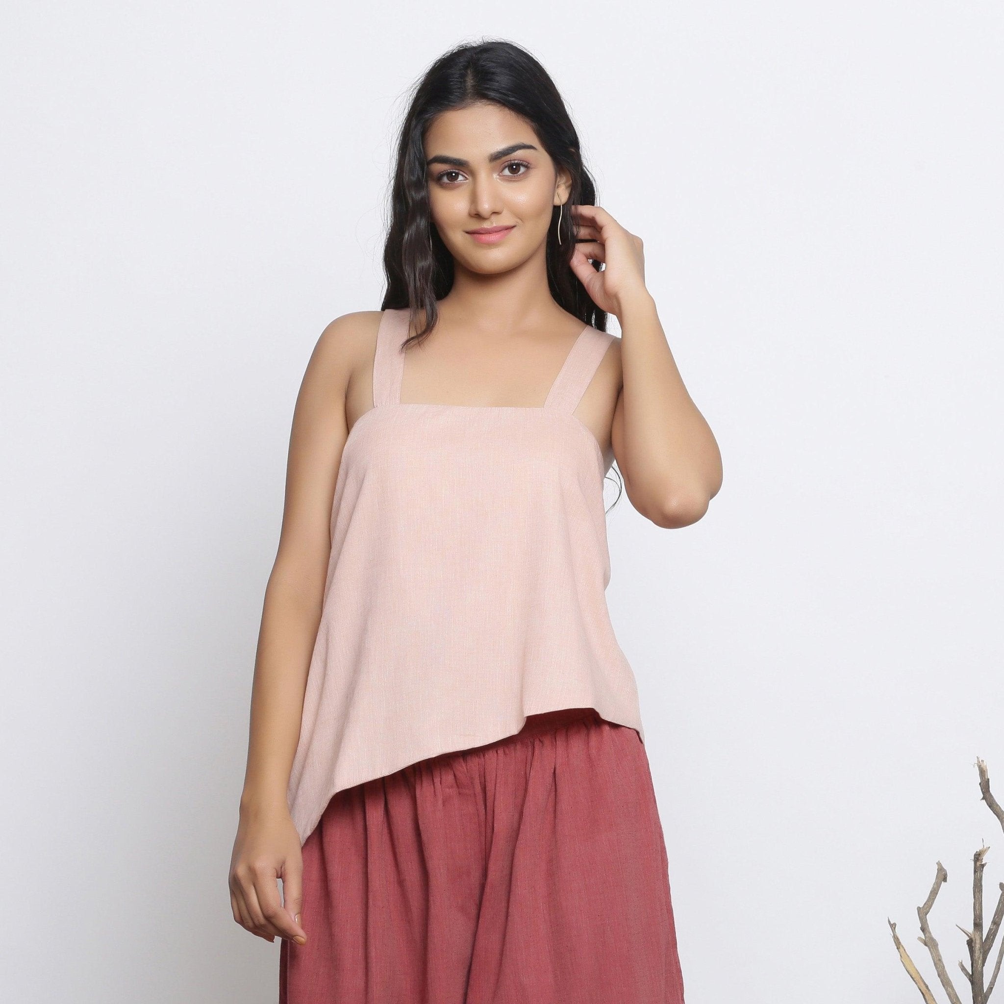 Buy Powder Pink Handspun Cotton Asymmetrical Tank Top Online at ...