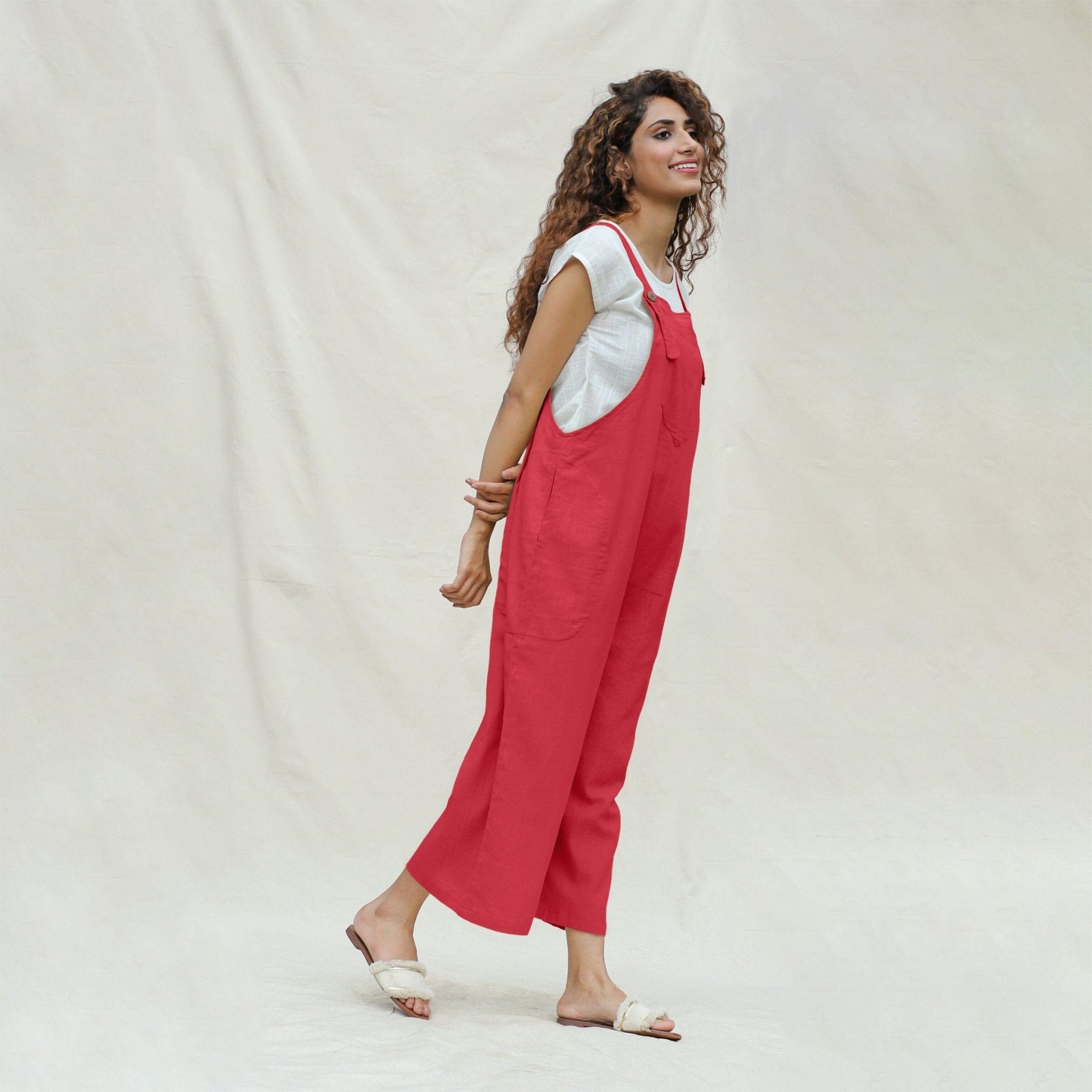 Buy Red Vegetable Dyed Cotton Midi Dungaree Jumpsuit Online at ...
