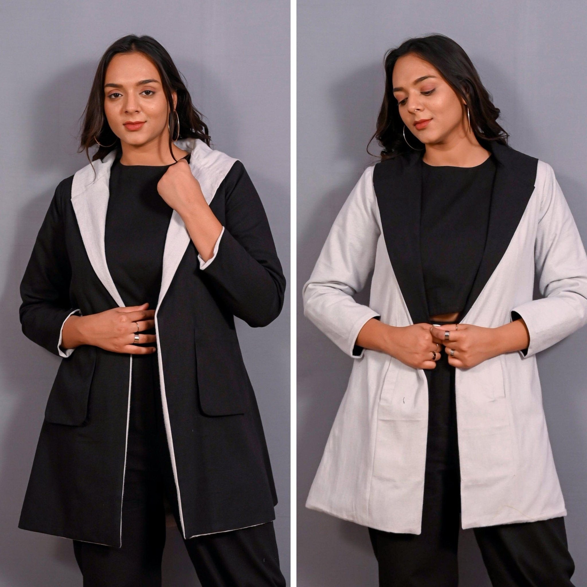 Buy Reversible Grey and Black Warm Cotton Flannel Front Open Hoodie ...