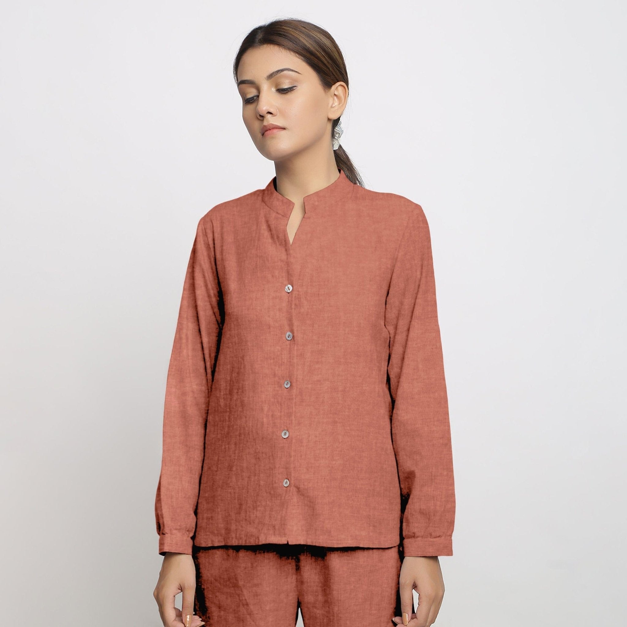 Buy Rust Cotton Linen Mandarin Collar Full Sleeve Shirt Online at ...