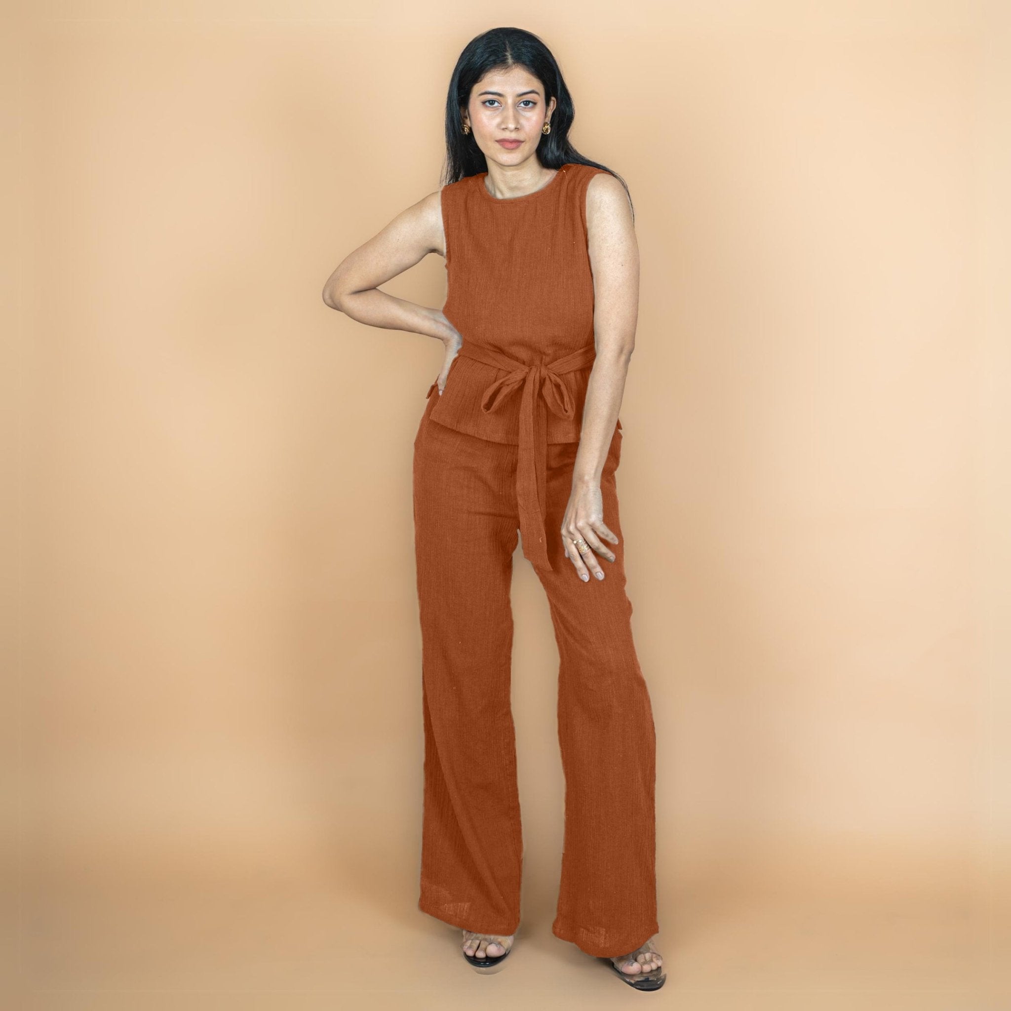 Buy Rust Crinkled Cotton Flax High-Rise Flared Pant Online at SeamsFriendly