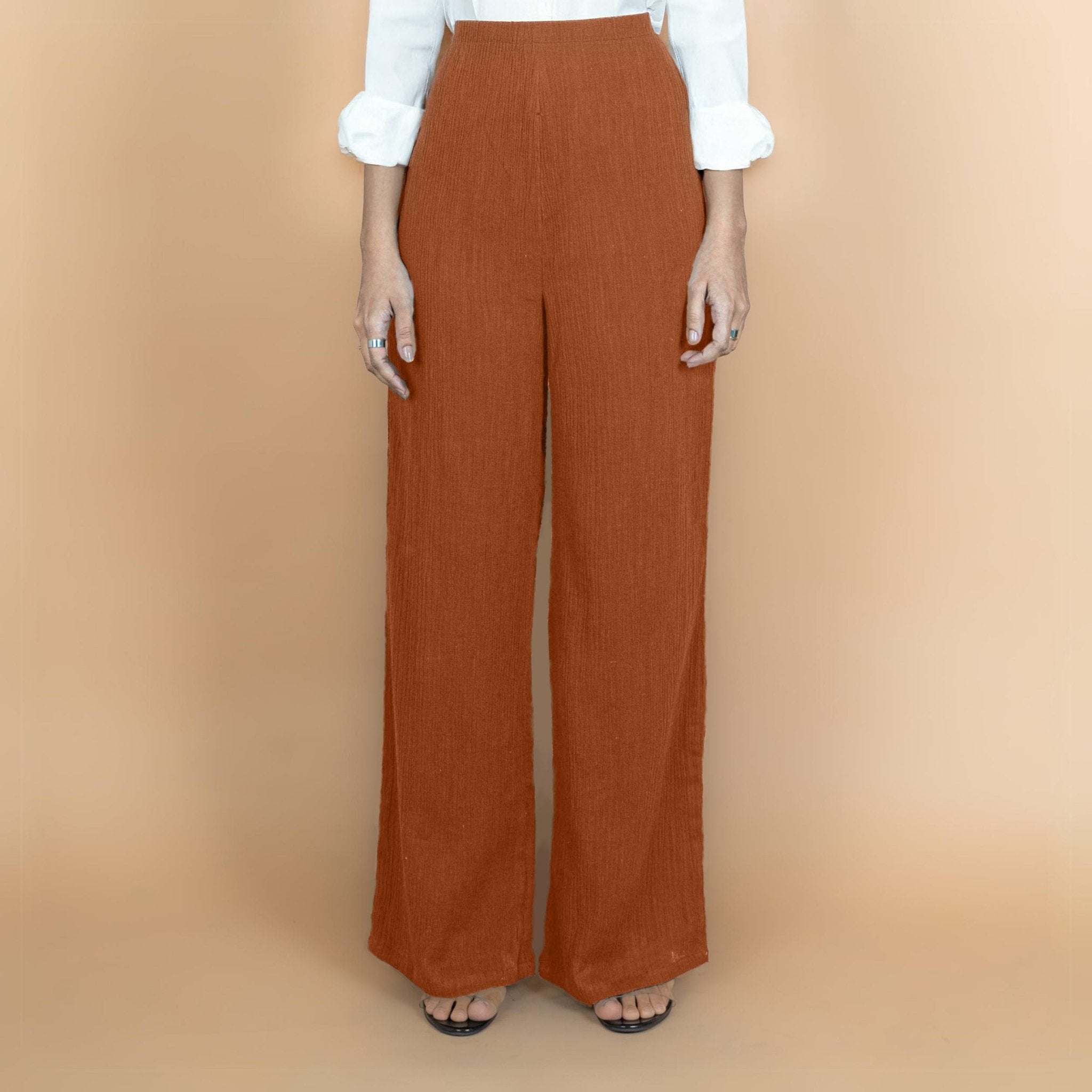 Buy Rust Crinkled Cotton Flax High-Rise Flared Pant Online at SeamsFriendly